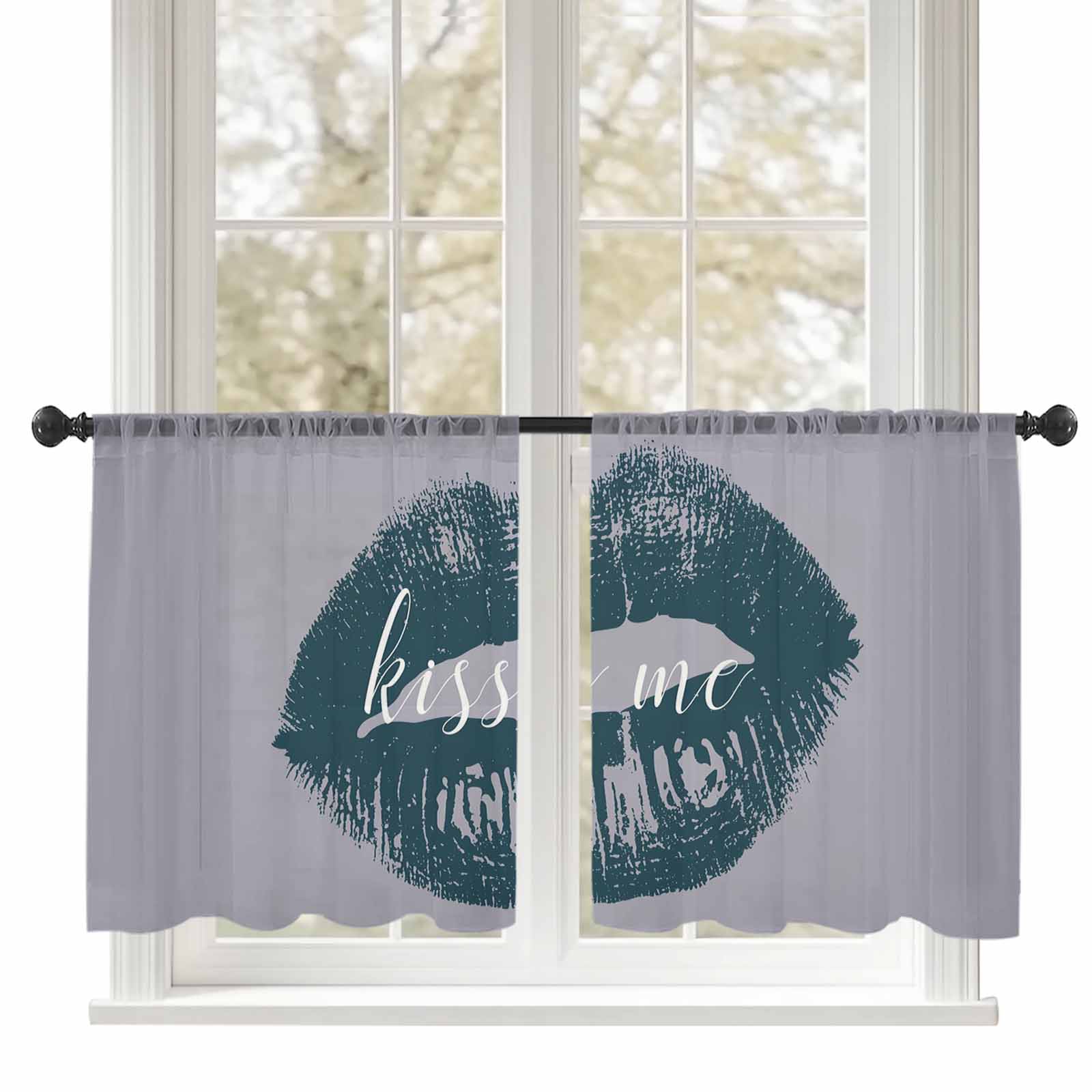 Sheer Curtains 45 inches Long, Kiss Me Text Lipprint Purple Blue Retro ...