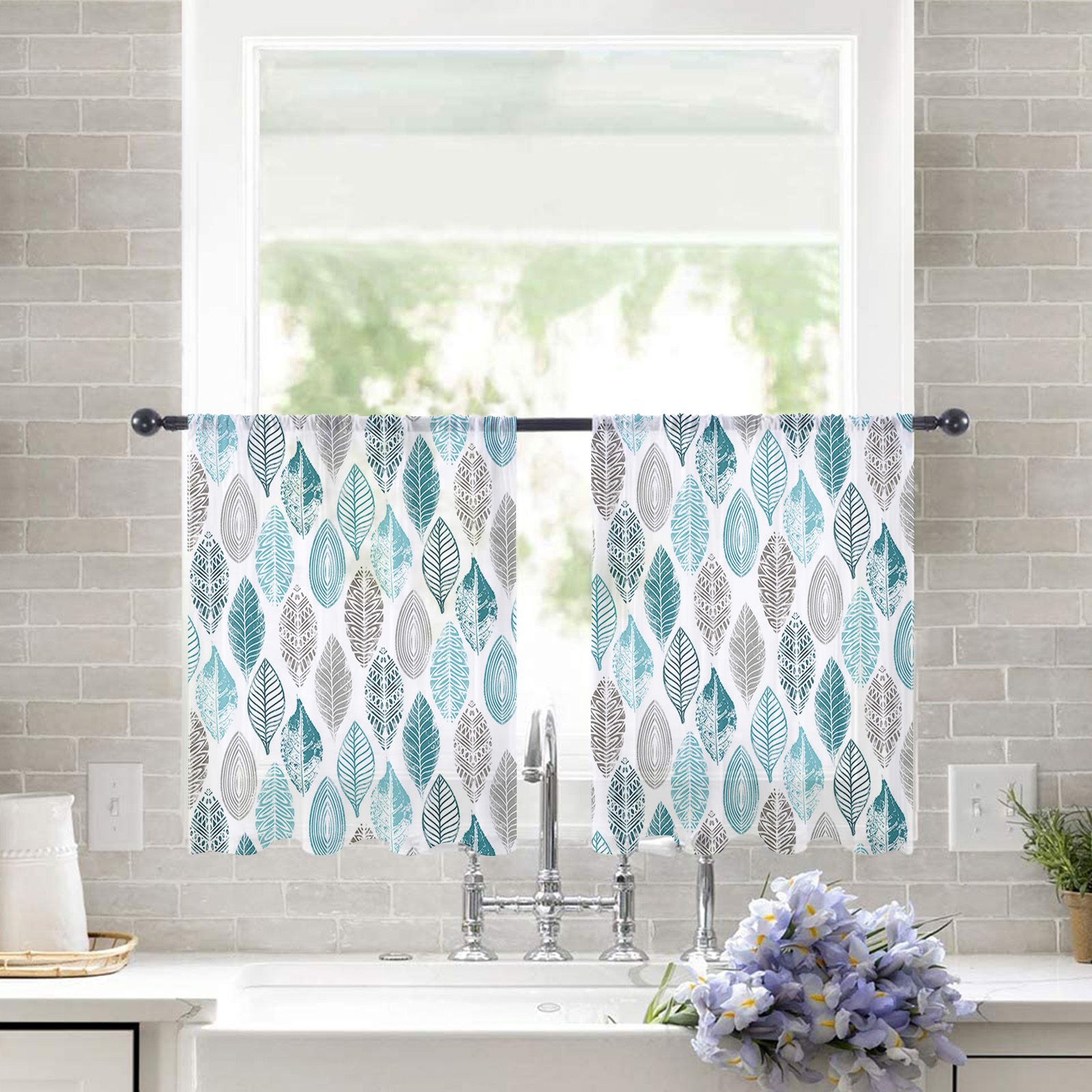 Sheer Curtains 45 inches Long, Leaves Specimens Teal Green Grey White ...