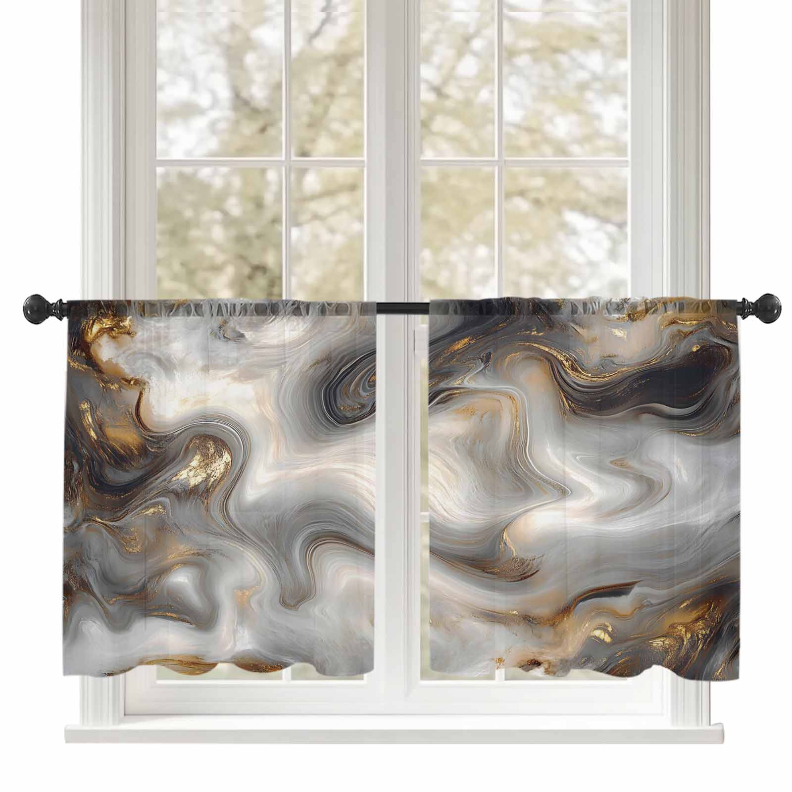 Sheer Curtains 45 inches Long, Marble Texture Abstract Waves Simple ...
