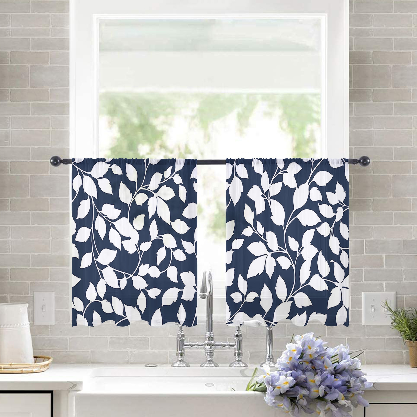 Sheer Curtains 45 inches Long, Navy Blue Leaf Vine Texture Light ...