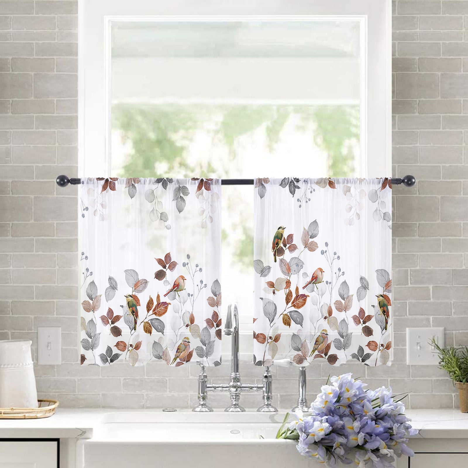 Sheer Curtains 45 inches Long, Plants Leaves Farmhouse Style Robin ...