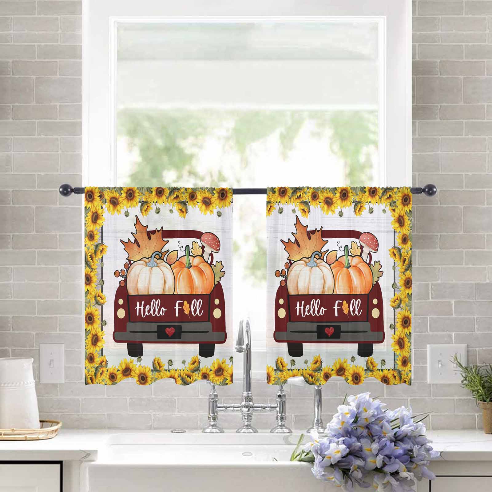 Sheer Curtains 45 inches Long, Red Car with Pumpkin Yellow Sunflower ...