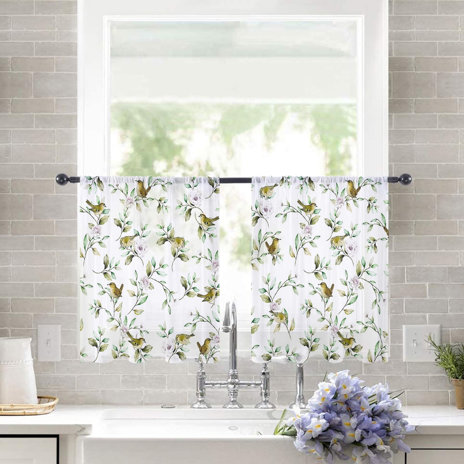 Sheer Curtains 45 inches Long, Robins Branch Flowers Summer Floral ...