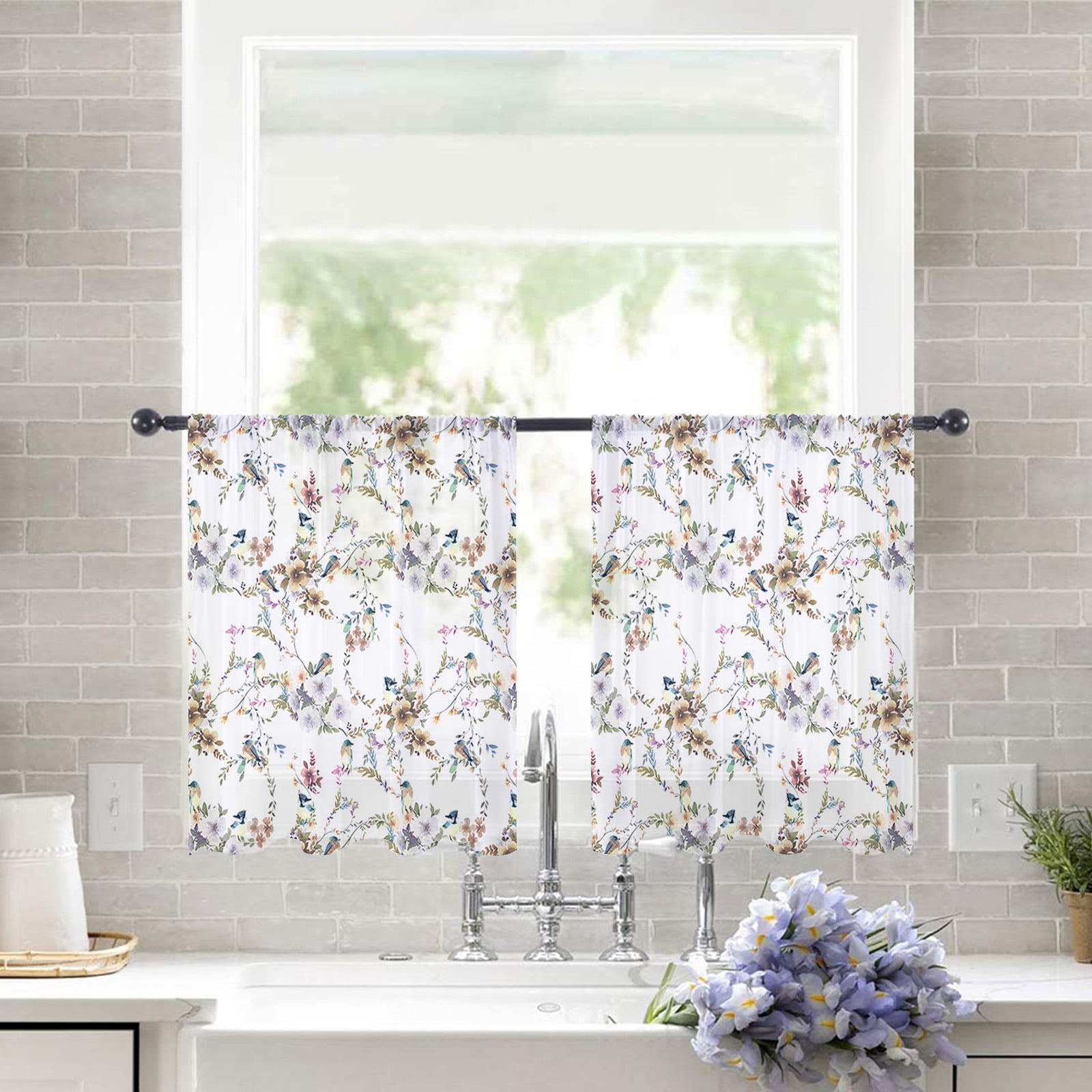 Sheer Curtains 45 inches Long, Robins Flowers Branch Summer Floral ...