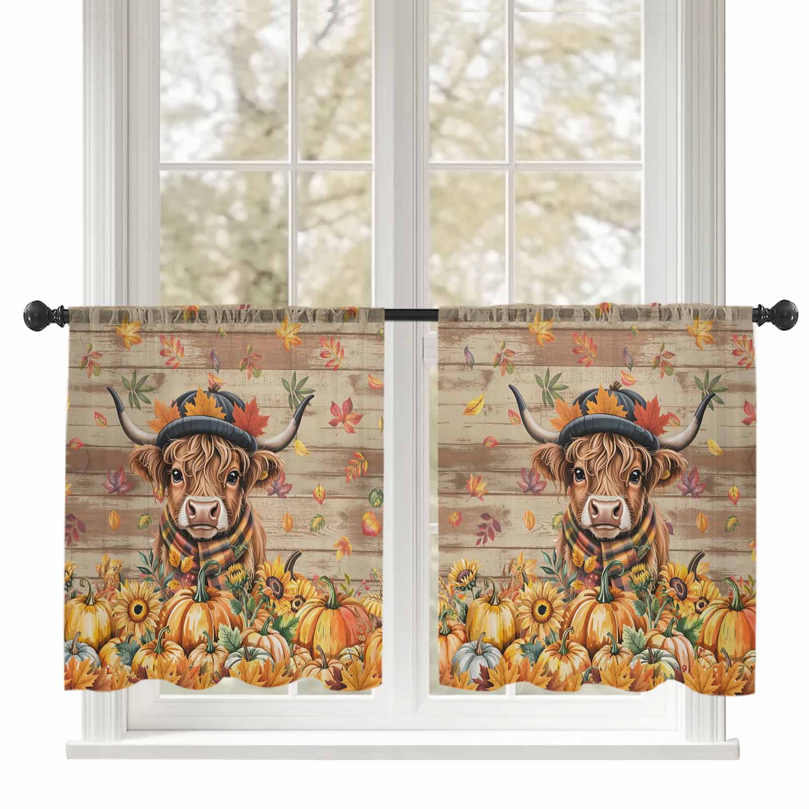 Sheer Curtains 45 inches Long, Scottish Highland Cow Pumpkin Sunflower ...
