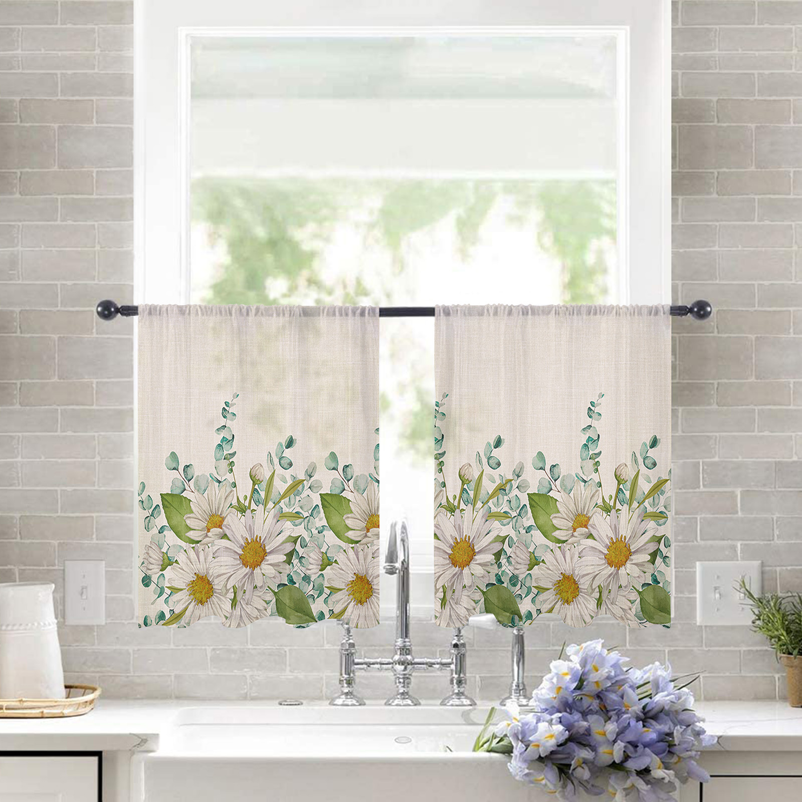 Sheer Curtains 45 inches Long, Spring Watercolor White Daisy with ...