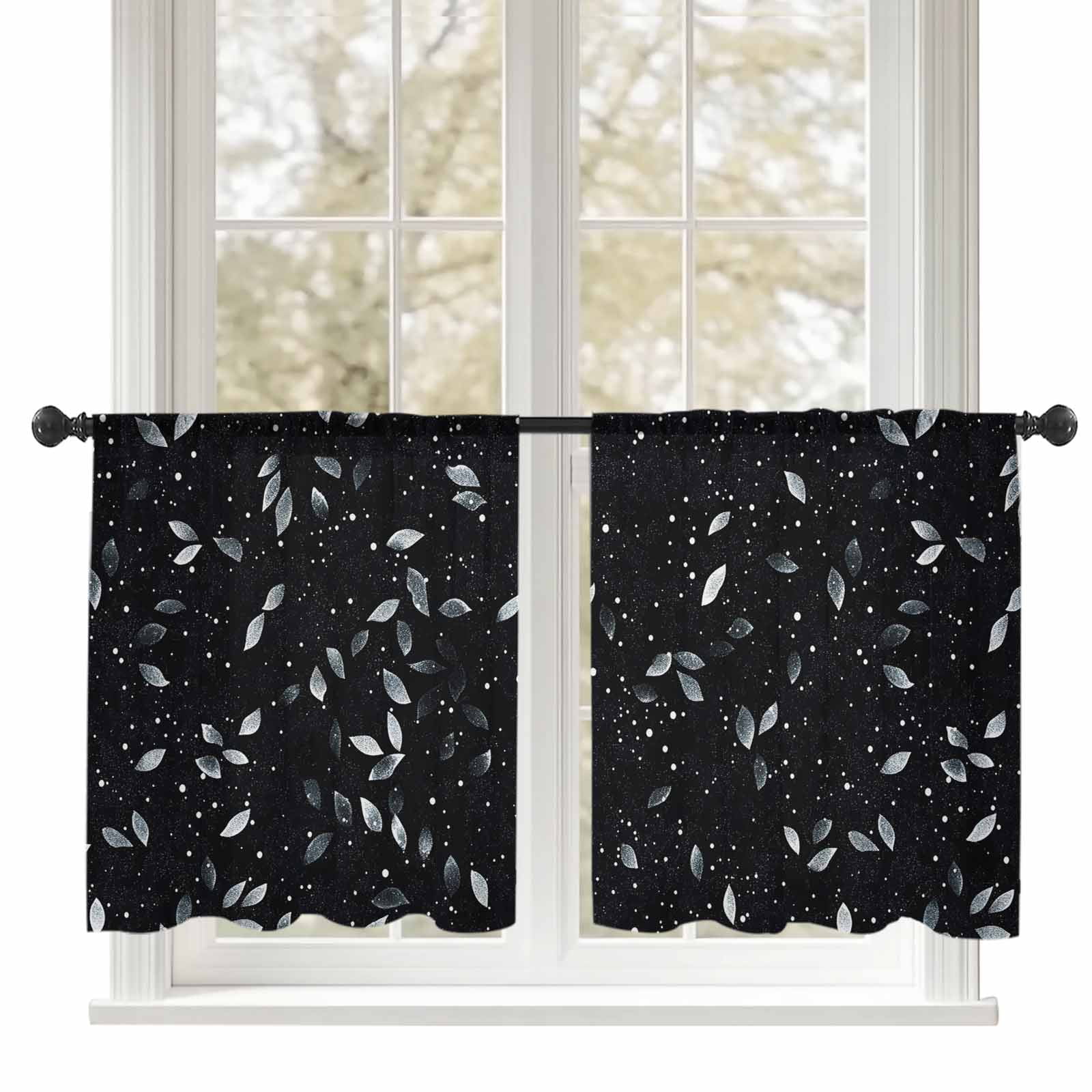 Sheer Curtains 45 inches Long, Starry Sky Gray Leaf White Dots Black ...