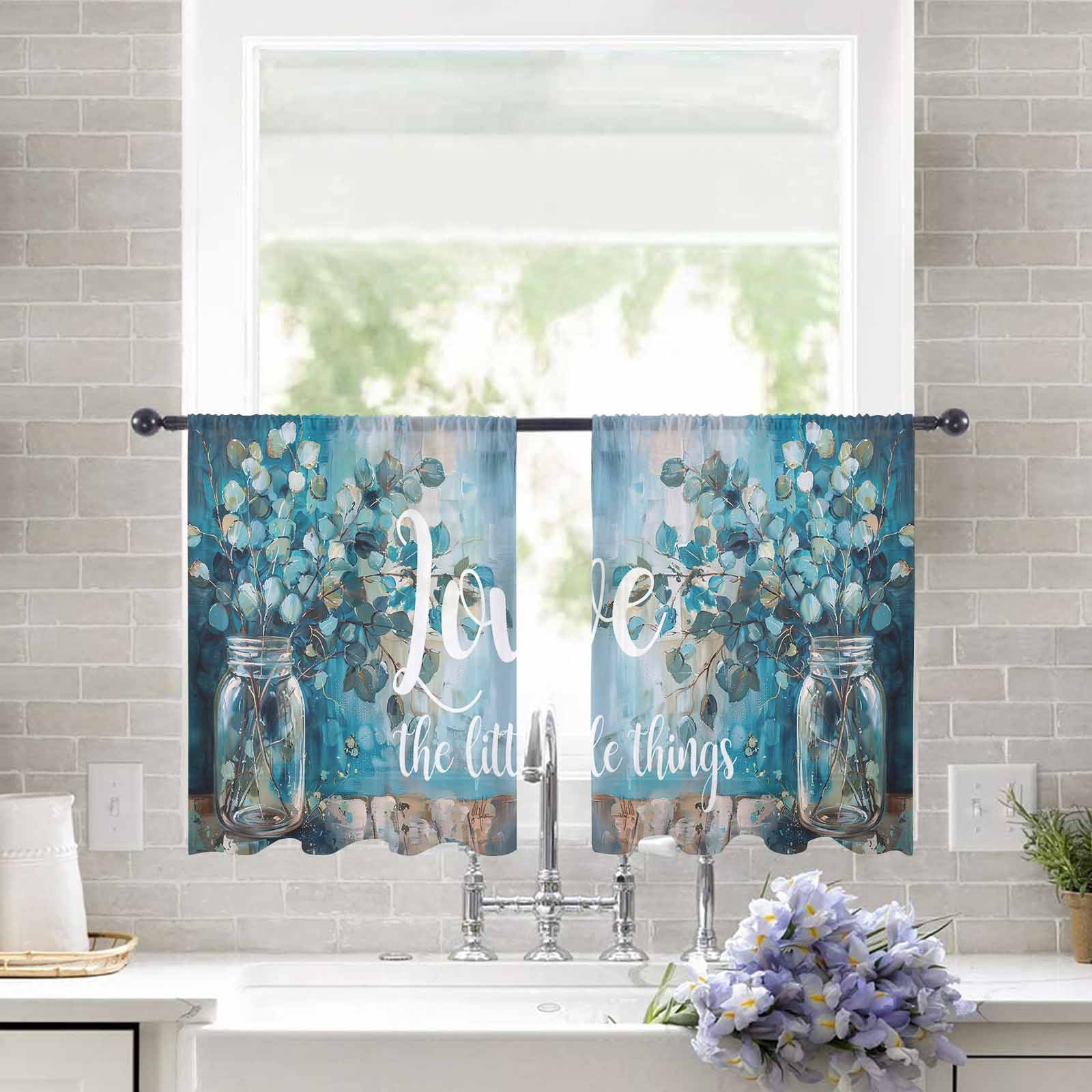 Sheer Curtains 45 inches Long, Teal Blue Eucalyptus Branch Glass Vase ...