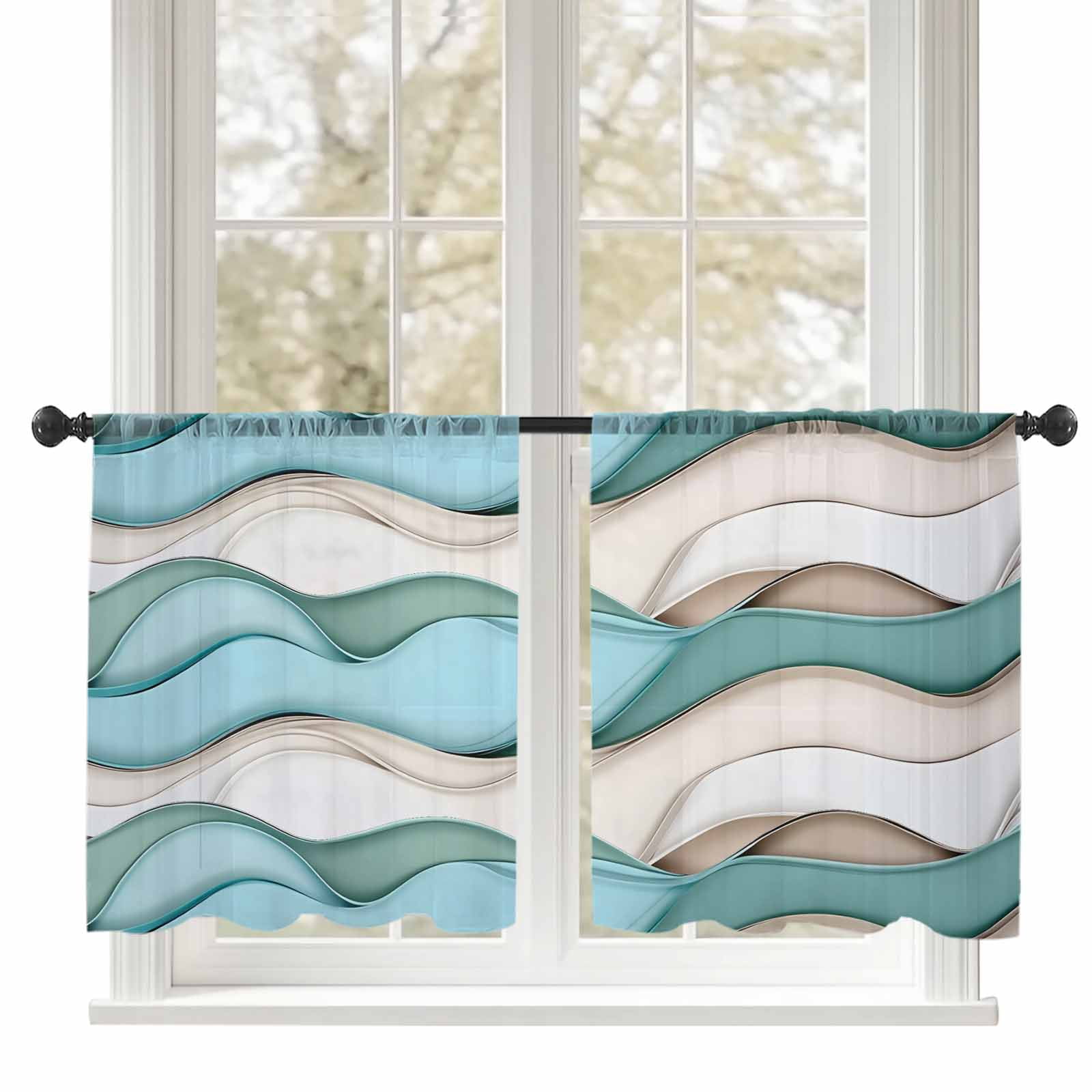 Sheer Curtains 45 inches Long, Teal Brown Gradient Waves Abstract Water ...