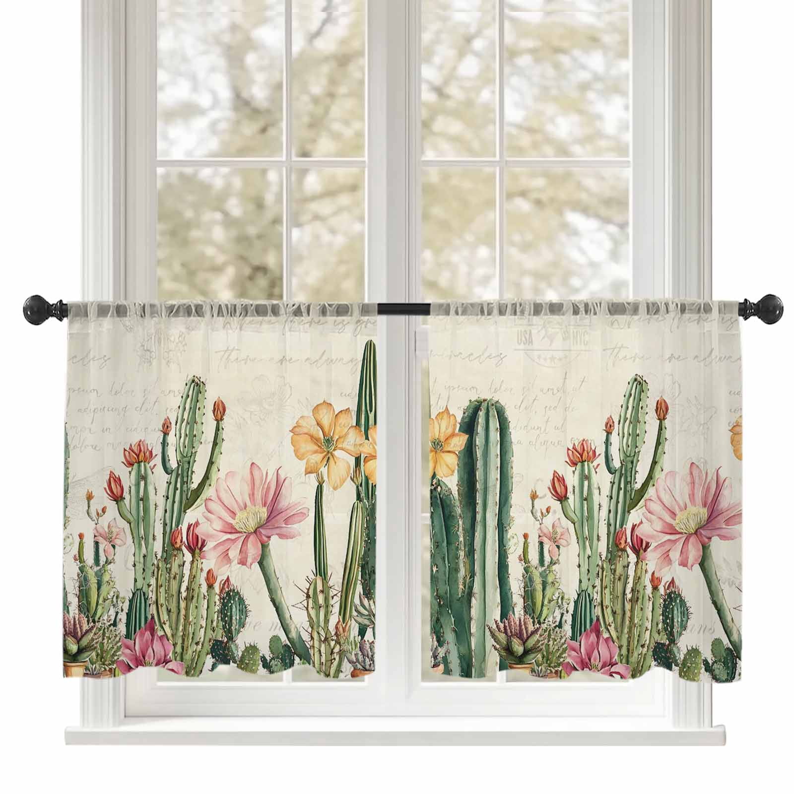 Sheer Curtains 45 inches Long, Tropical Plant Cactus Floral Farmhouse ...