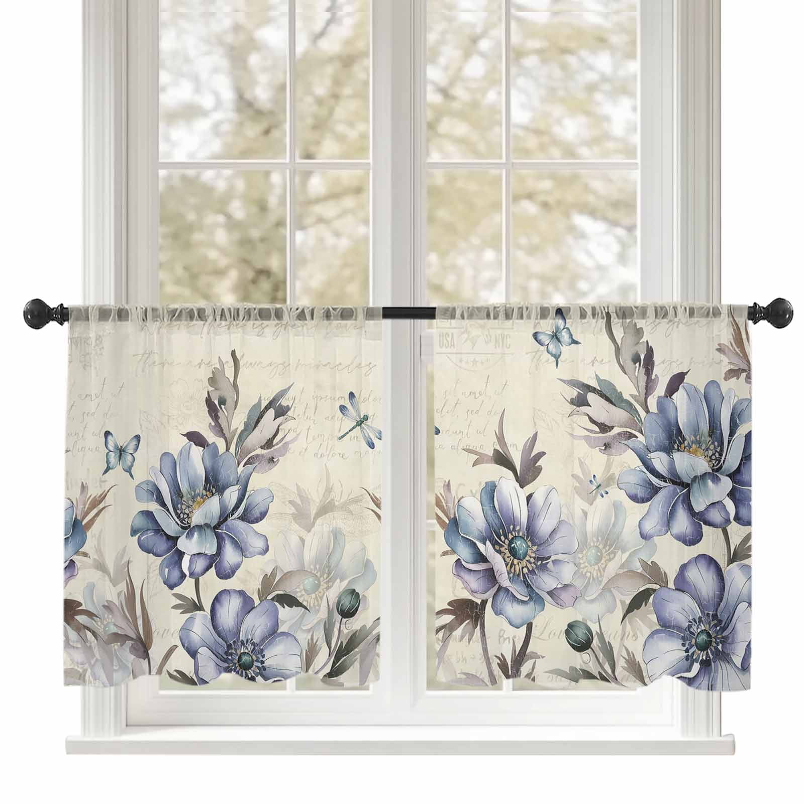 Sheer Curtains 45 inches Long, Vintage Blue Flower Farmhouse Botanical ...