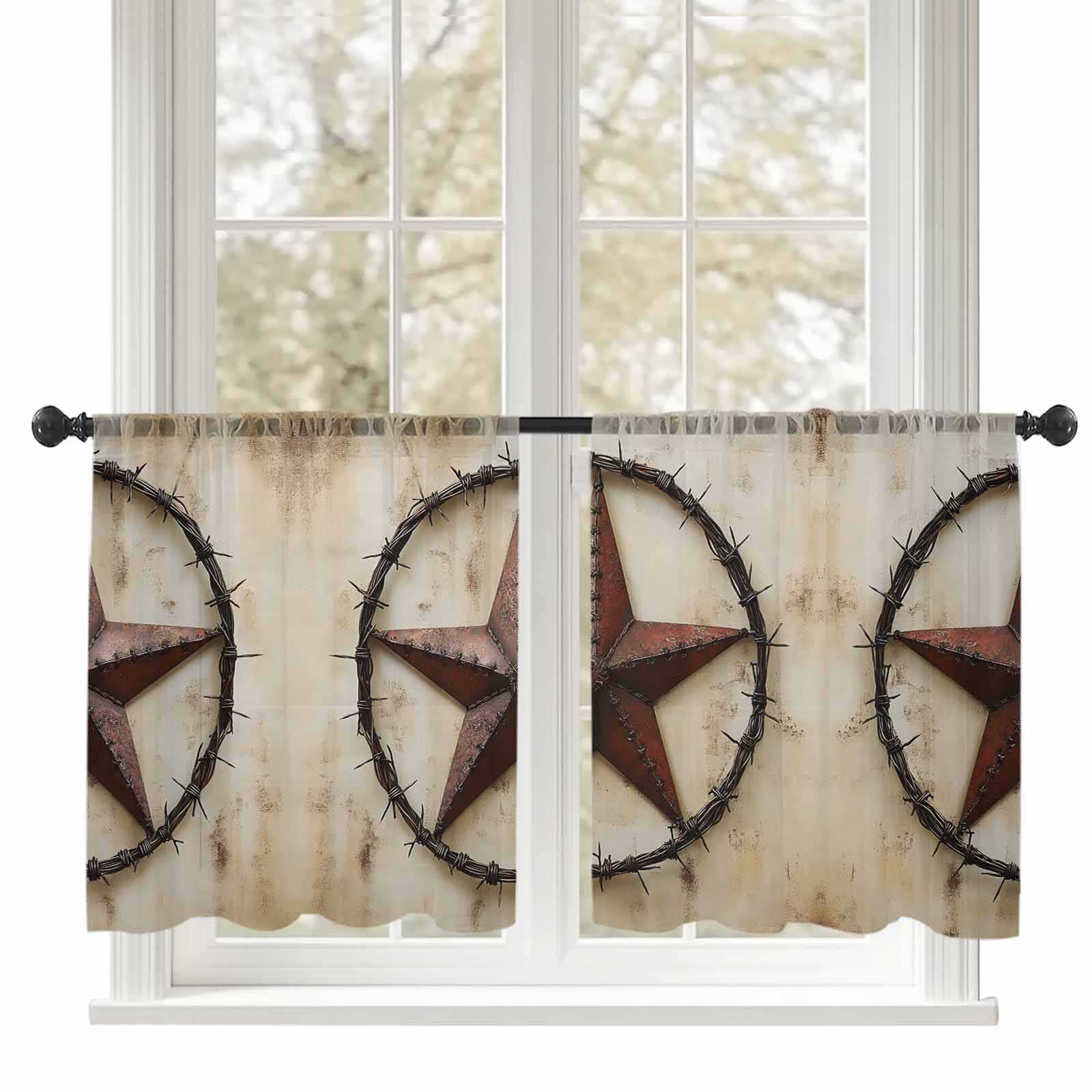 Sheer Curtains 45 inches Long, Vintage Style Pentagram Plank Texture ...