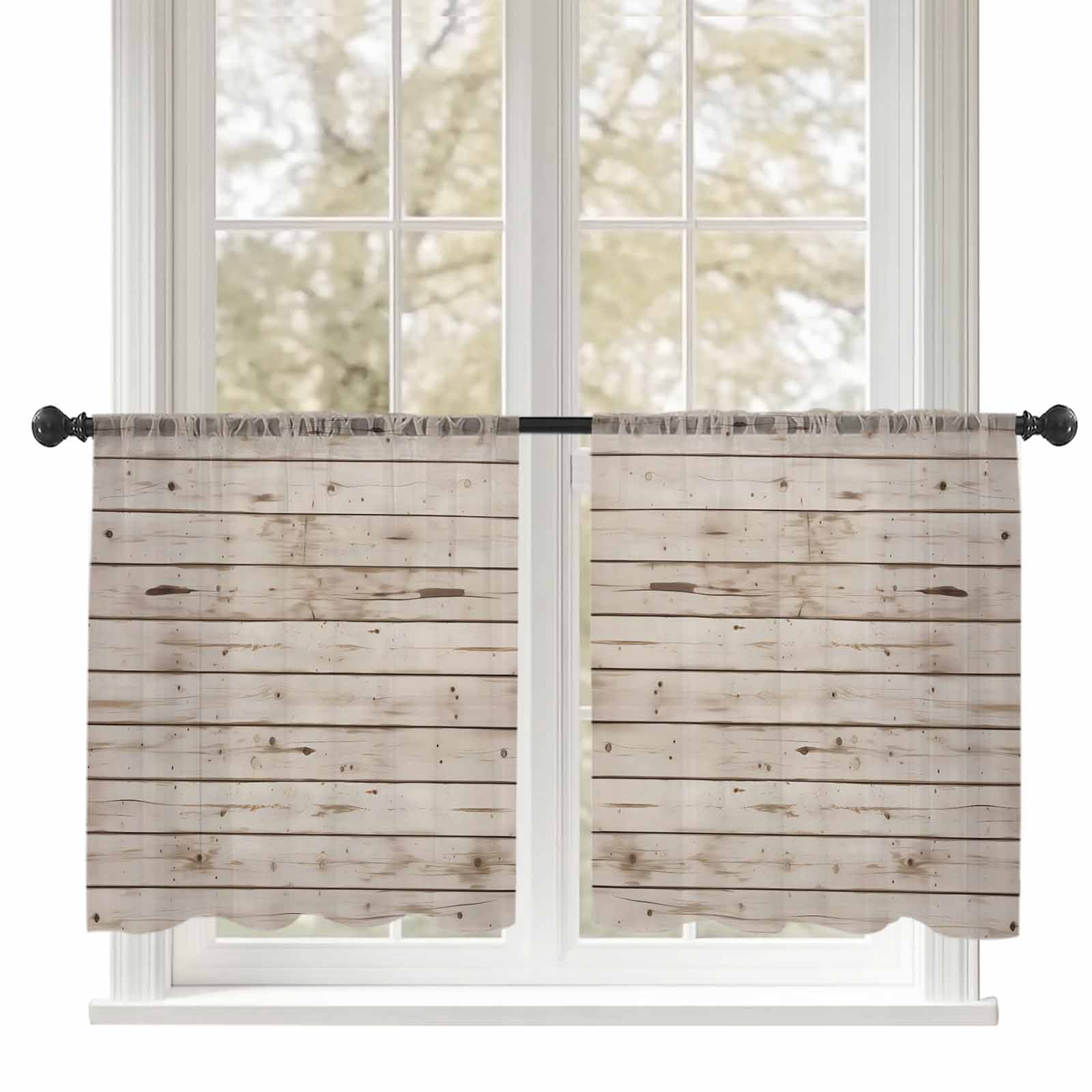 Sheer Curtains 45 inches Long, Wooden Board Brown Wood Theme Pastoral ...