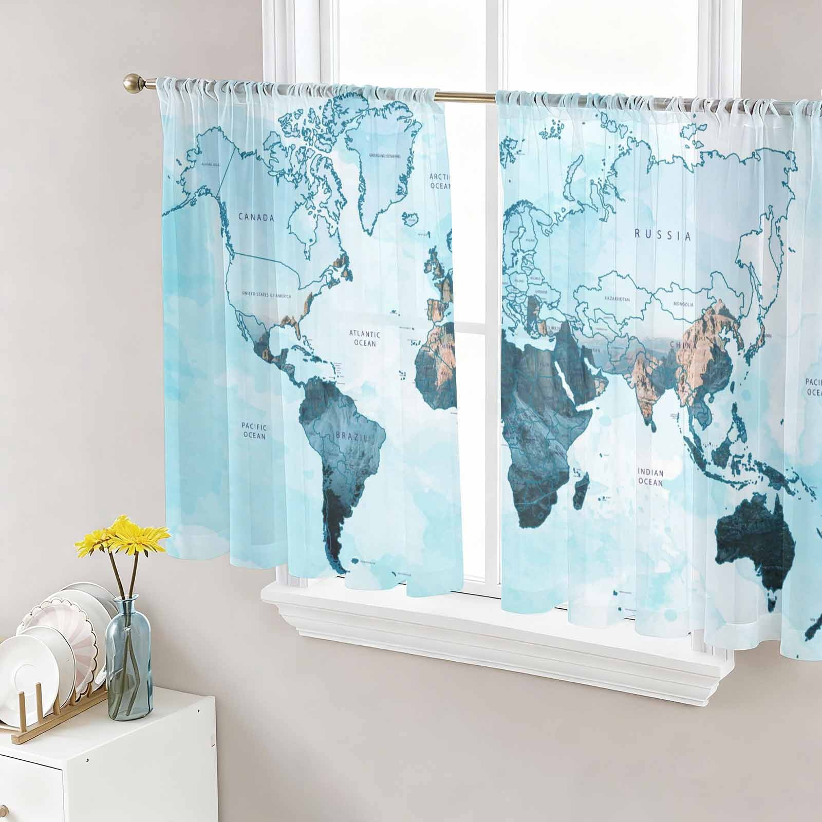 Sheer Curtains 54 Inch Length 2 Panels Set for Kitchen, Blue Maps Semi ...