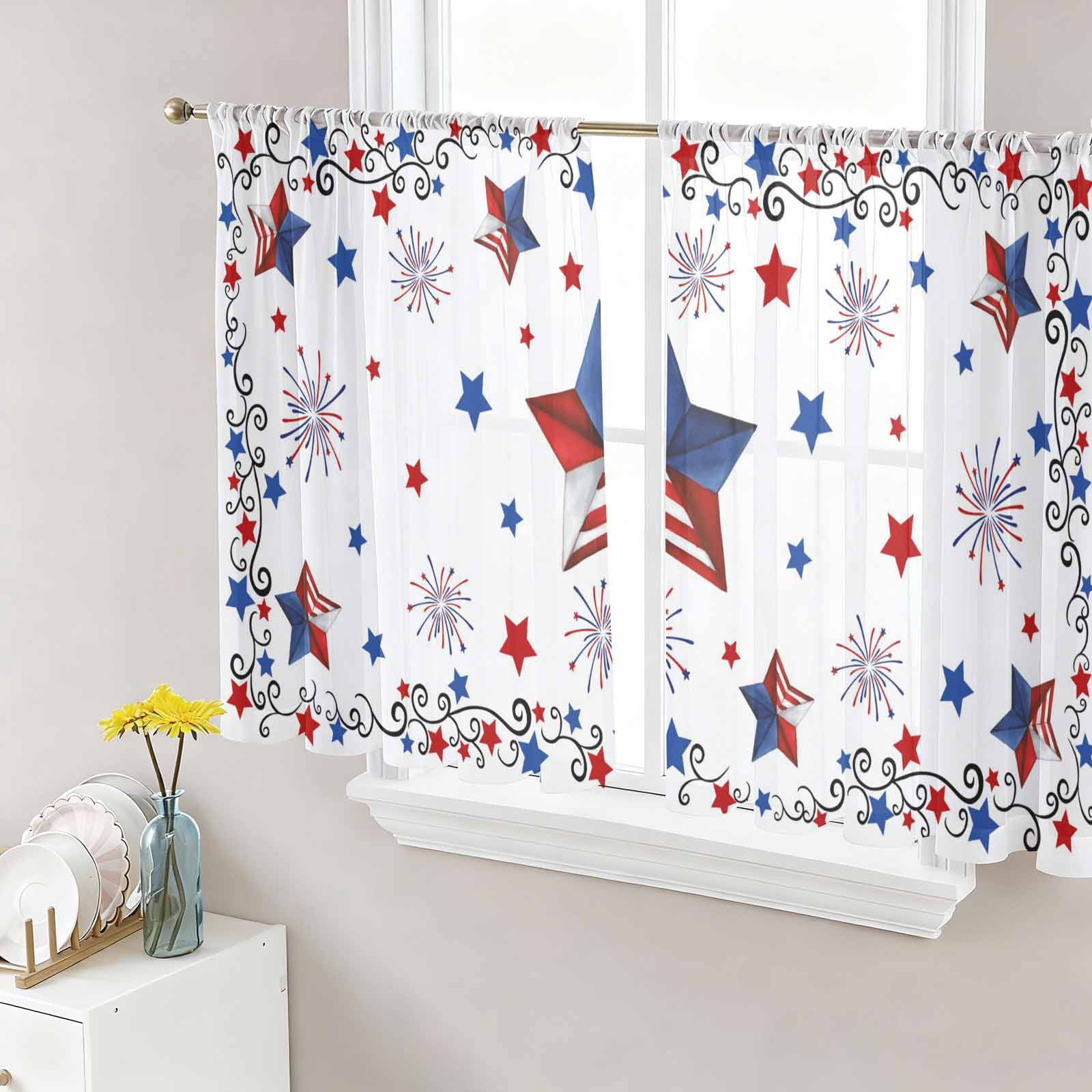 Sheer Curtains 54 Inch Length 2 Panels Set for Kitchen, Blue Red ...