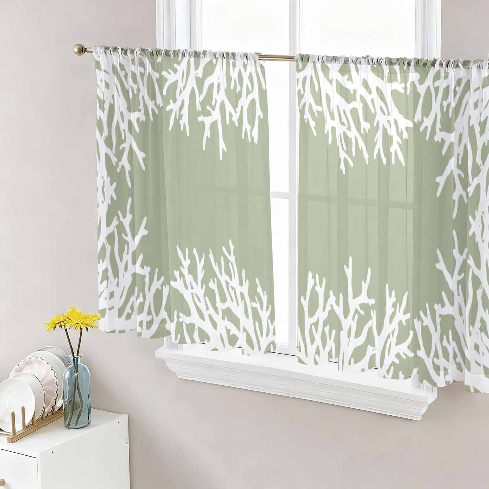 Sheer Curtains 54 Inch Length 2 Panels Set for Kitchen, Coastal Coral ...