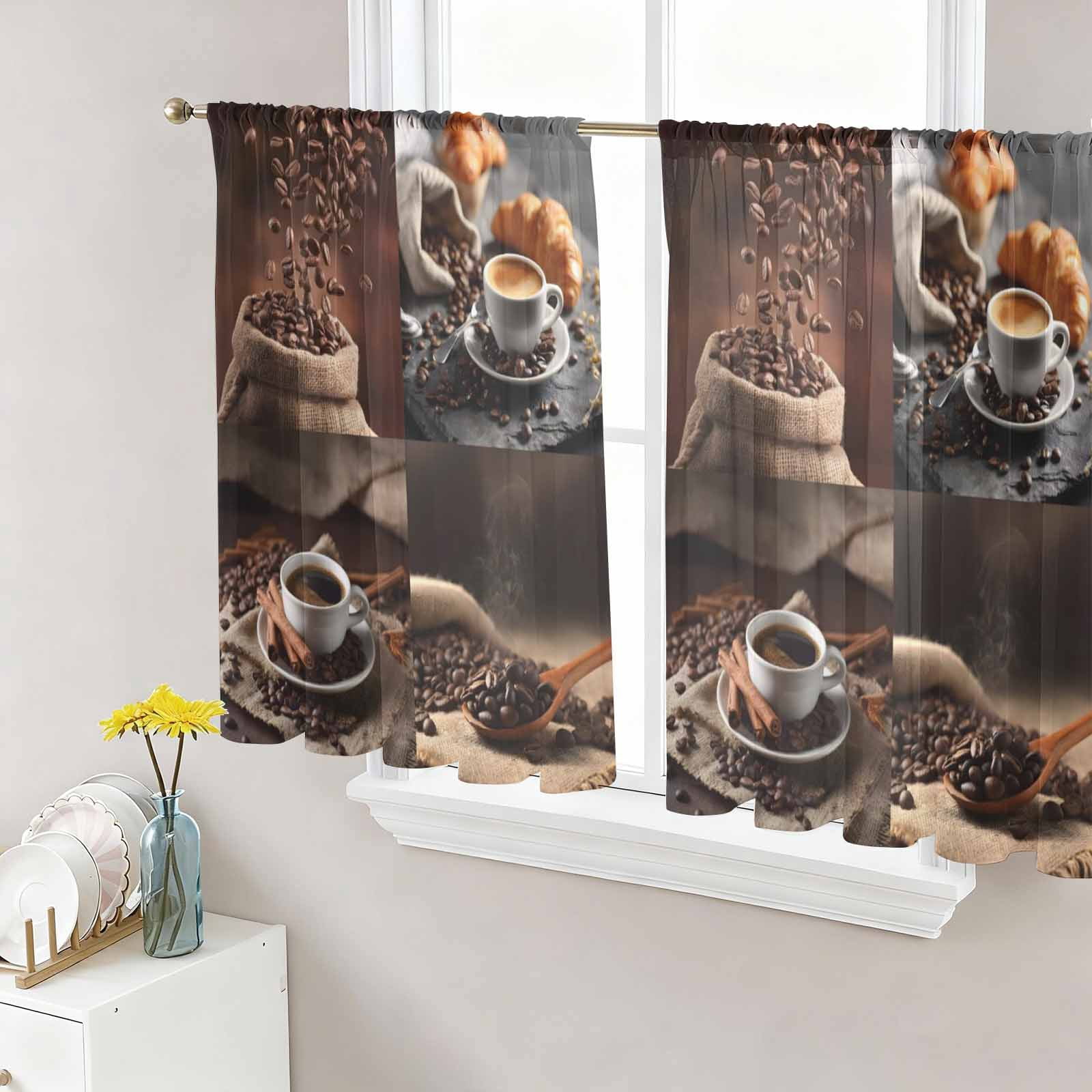 Sheer Curtains 54 Inch Length 2 Panels Set for Kitchen, Coffee Beans ...