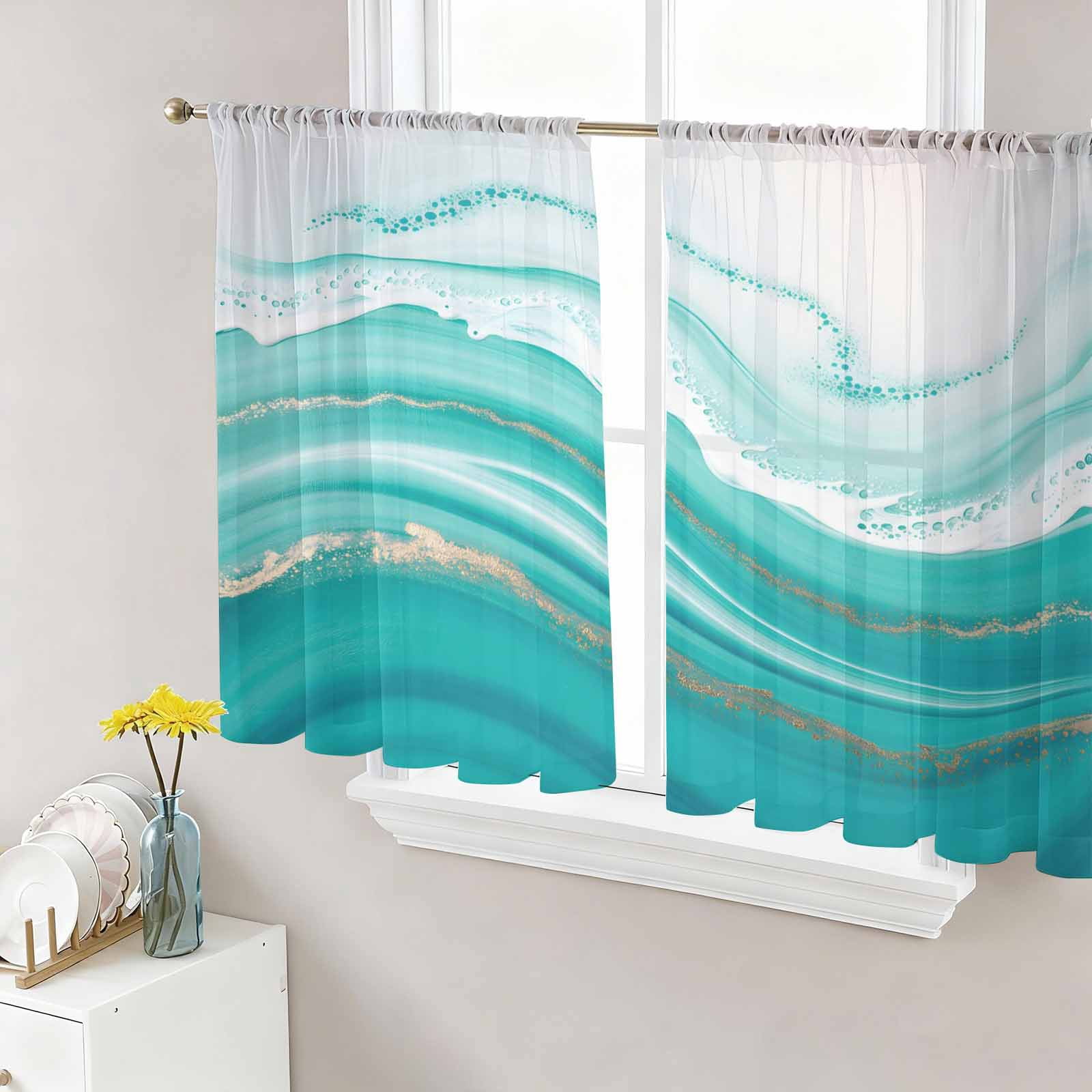Sheer Curtains 54 Inch Length 2 Panels Set for Kitchen, Teal Waves ...