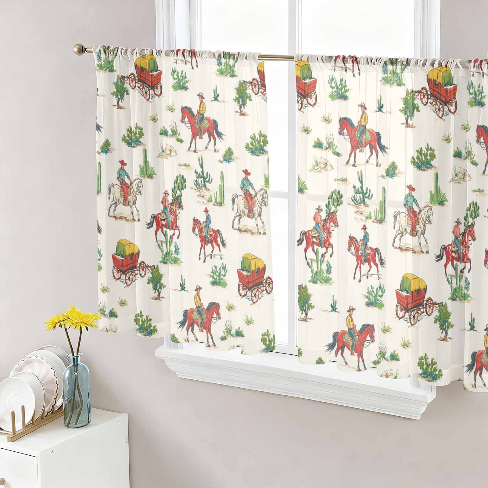 Sheer Curtains 54 Inch Length 2 Panels Set for Kitchen, Western Cowboy ...
