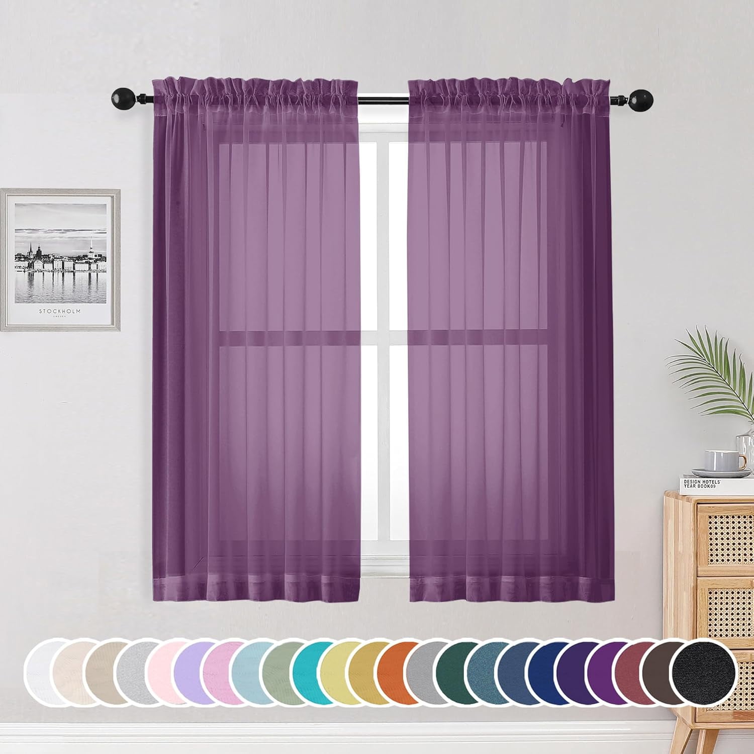 Sheer Curtains 54 Inch Length 2 Panels Set, Plam Clear Sheer Short ...
