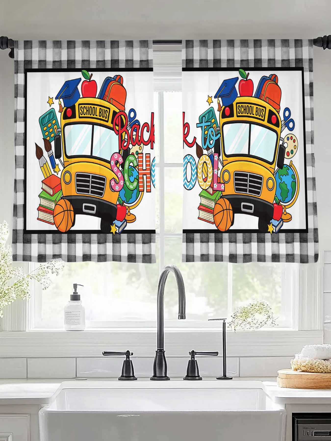 Sheer Curtains 54 Inches Long 2 Panels, Back to School Bus Book Globe ...