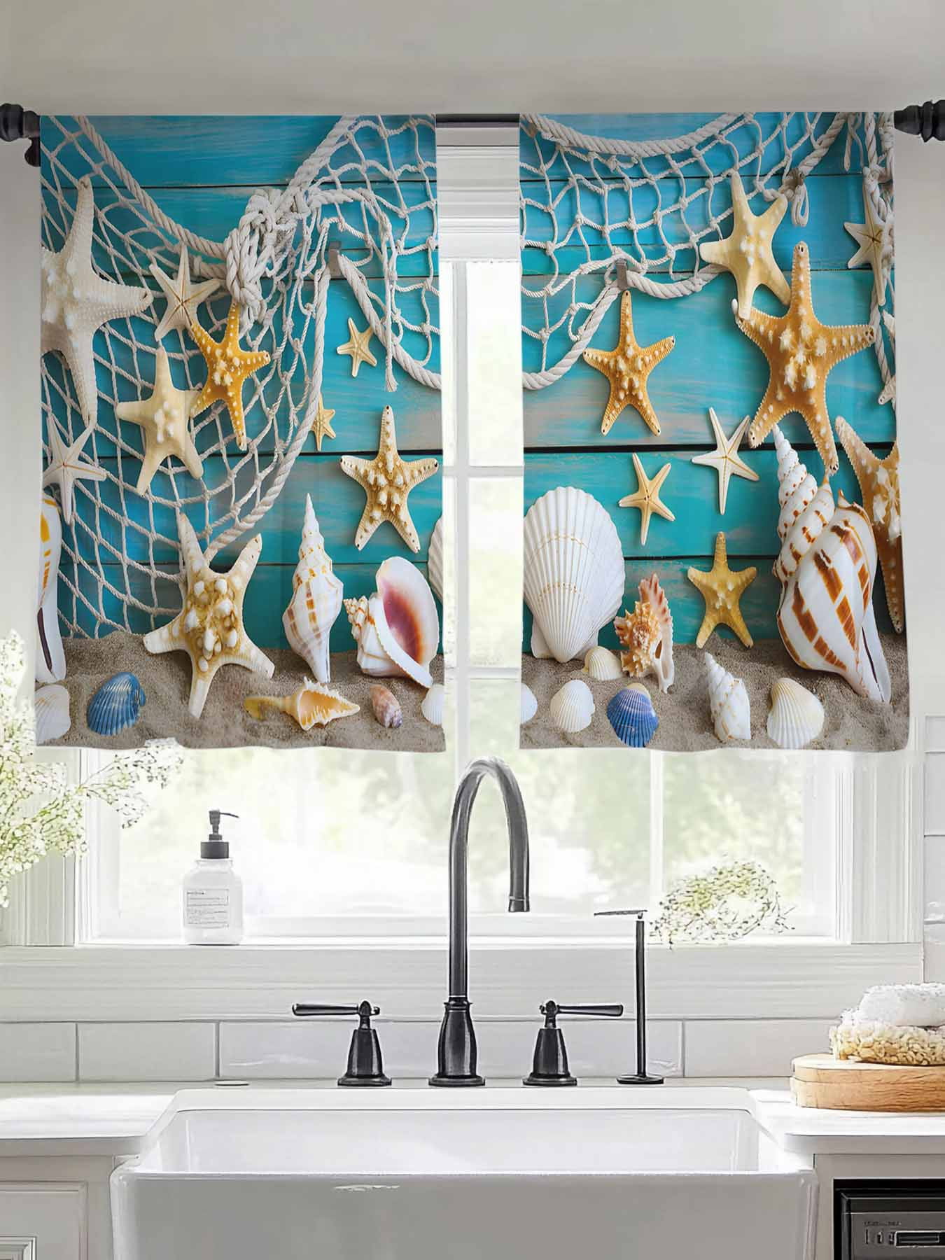 Sheer Curtains 54 Inches Long 2 Panels, Ocean Beach Starfish Conch ...