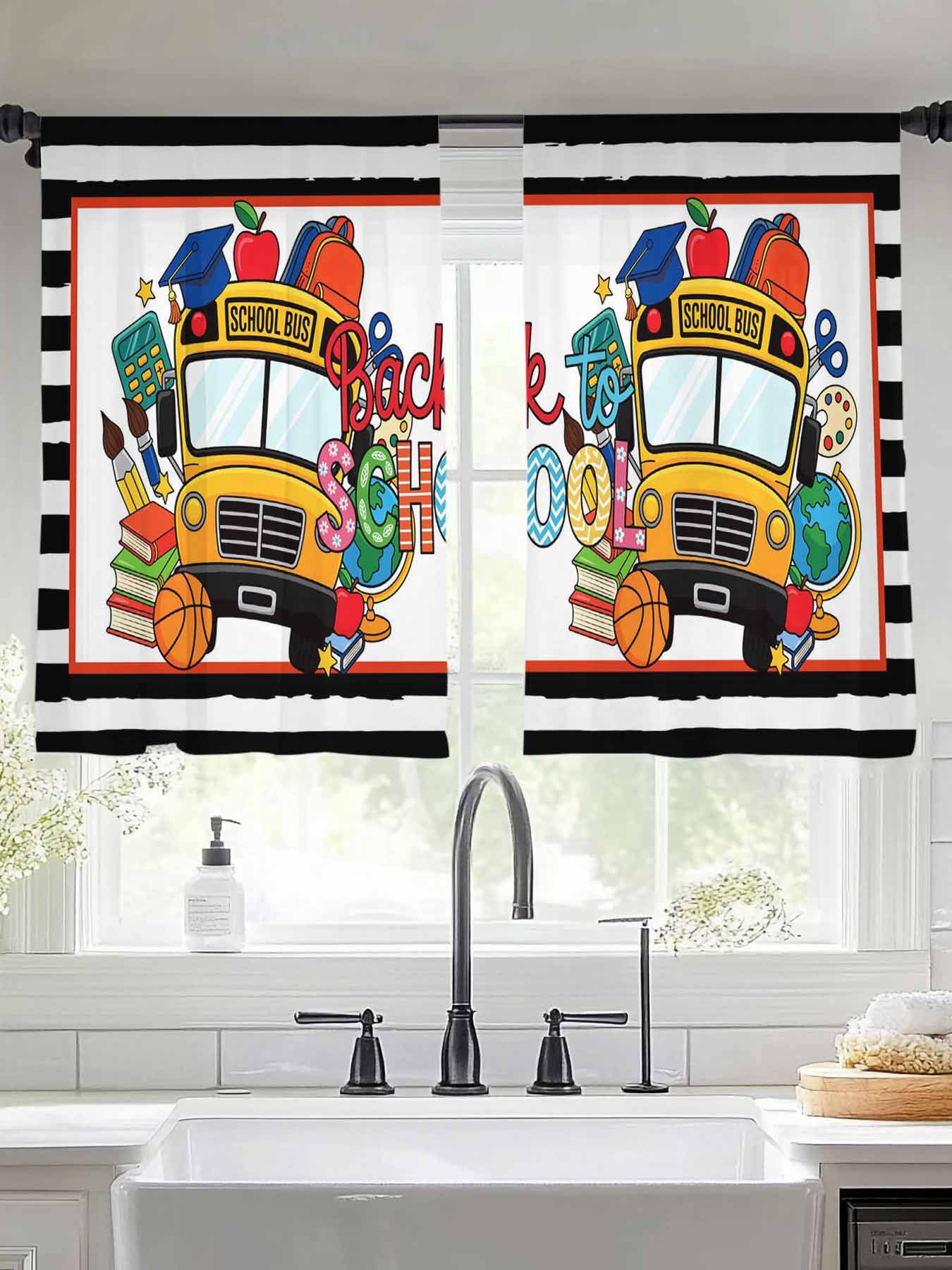 Sheer Curtains 54 Inches Long 2 Panels, School Season Bus Basketball ...