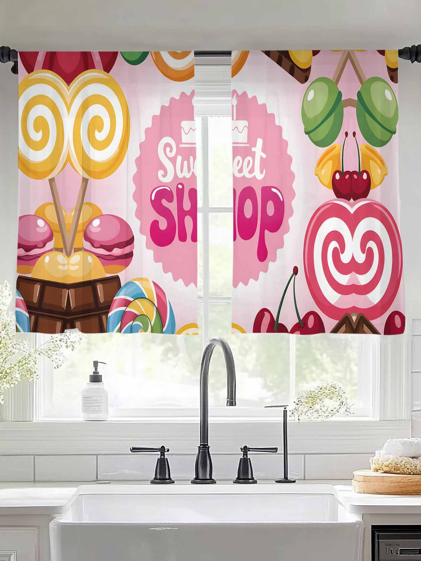 Sheer Curtains 54 Inches Long 2 Panels, Sweet Shop Words Rod Pocket ...