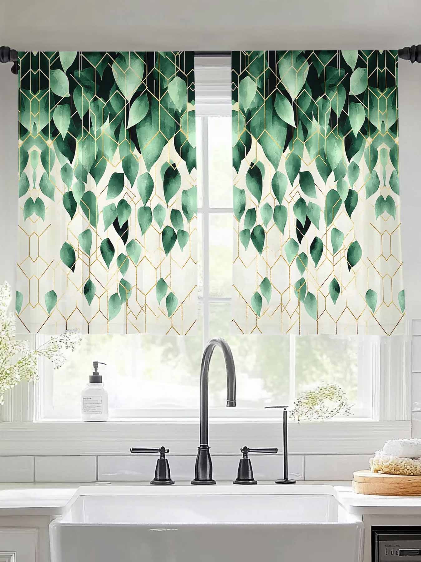 Sheer Curtains 54 Inches Long 2 Panels, Watercolor Green Leaves Color ...