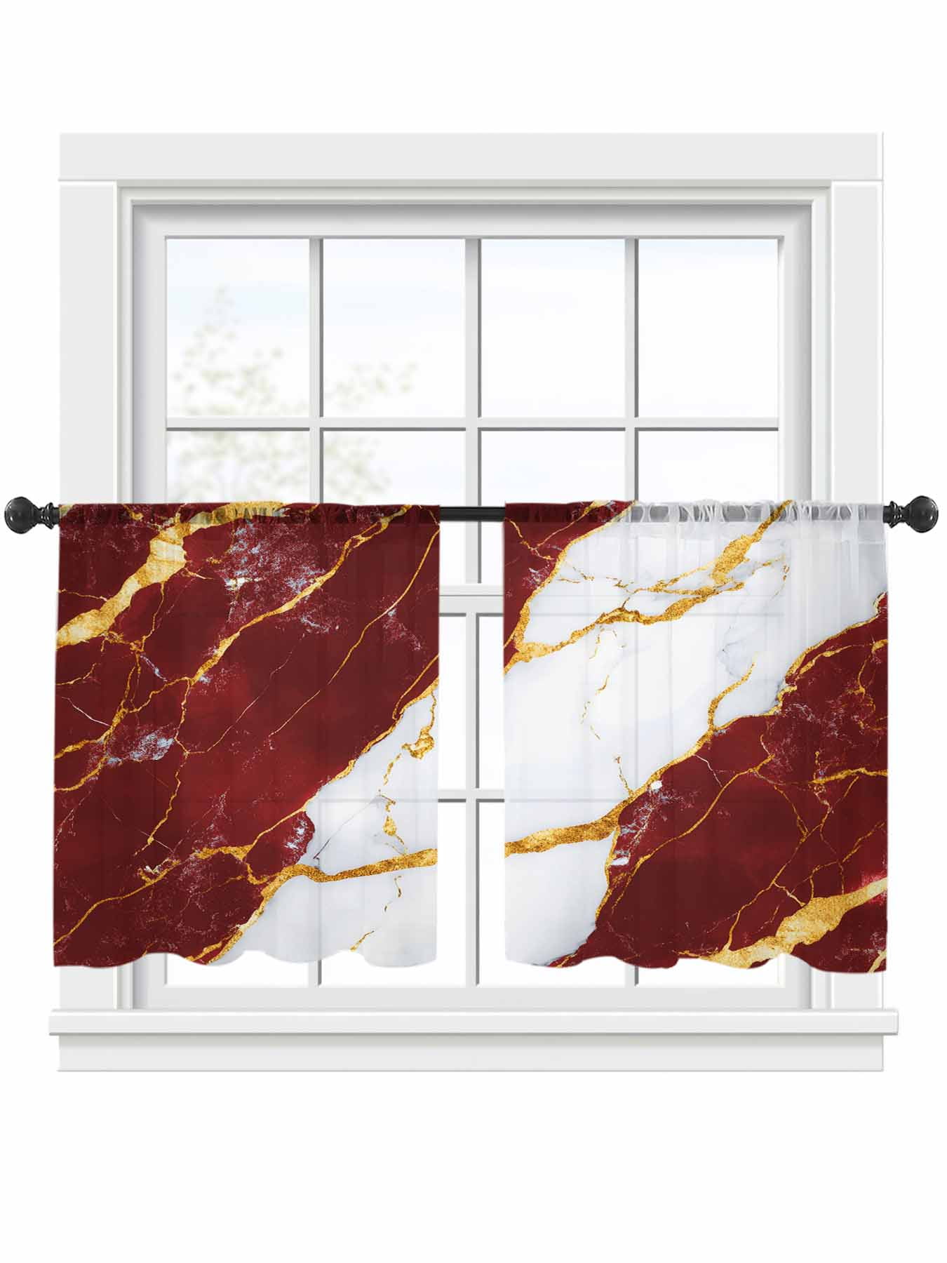 Sheer Curtains 54 inches Long 2 Panels Set Red Marble Gold Foil Modern ...