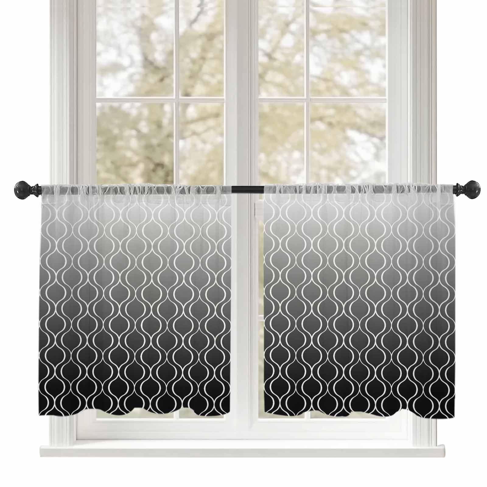 Sheer Curtains 54 inches Long, Abstract Art Classic Black Line Gradient ...