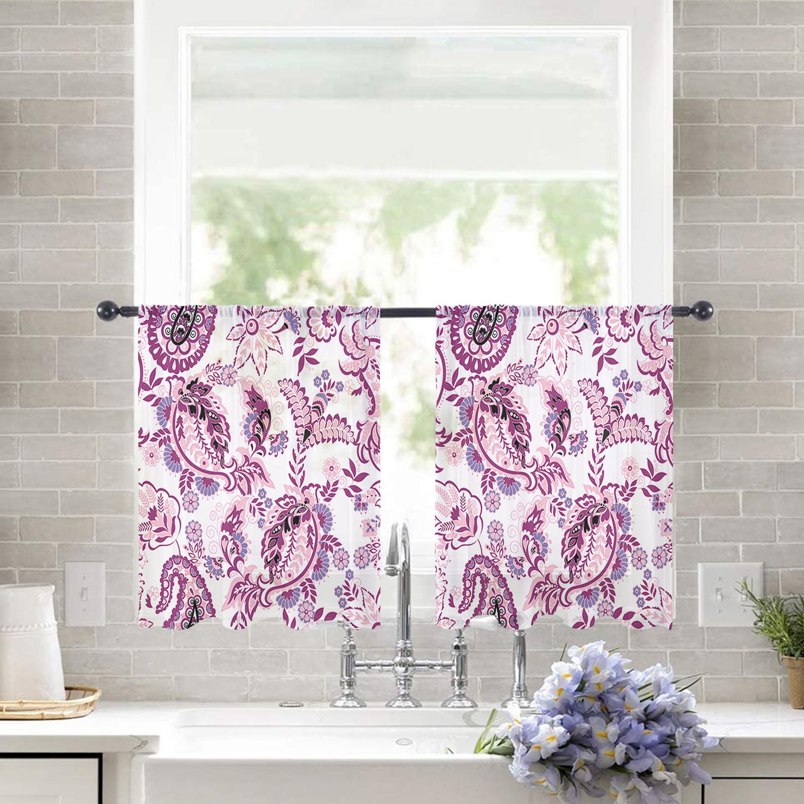Sheer Curtains 54 inches Long, Abstract Purple Flowers Leaves Pattern ...