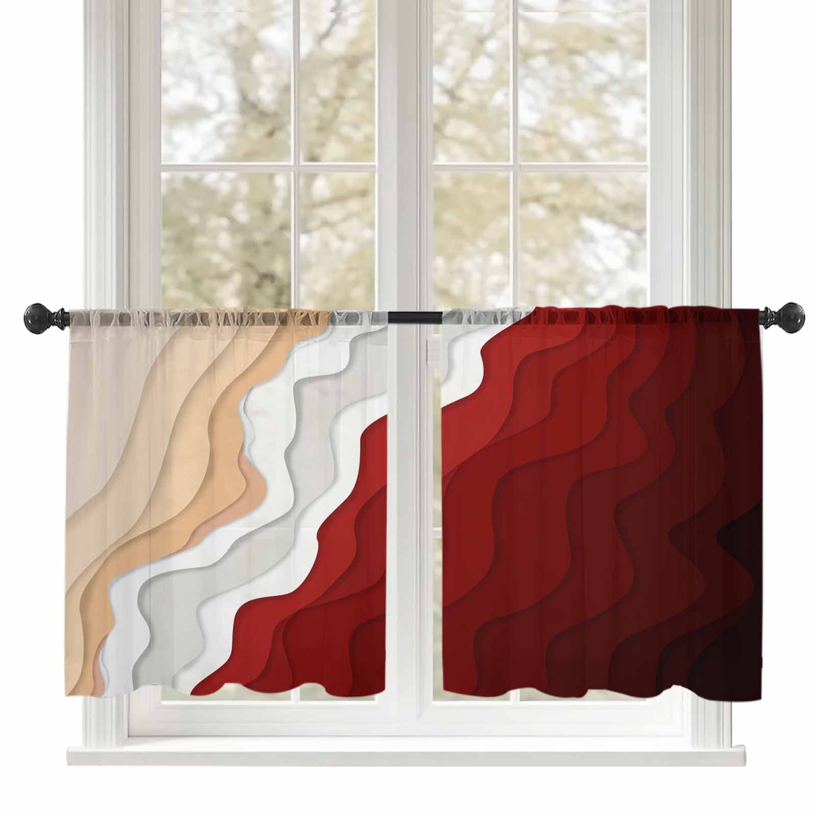 Sheer Curtains 54 inches Long, Abstract Red Gradient Ocean Beach Waves ...
