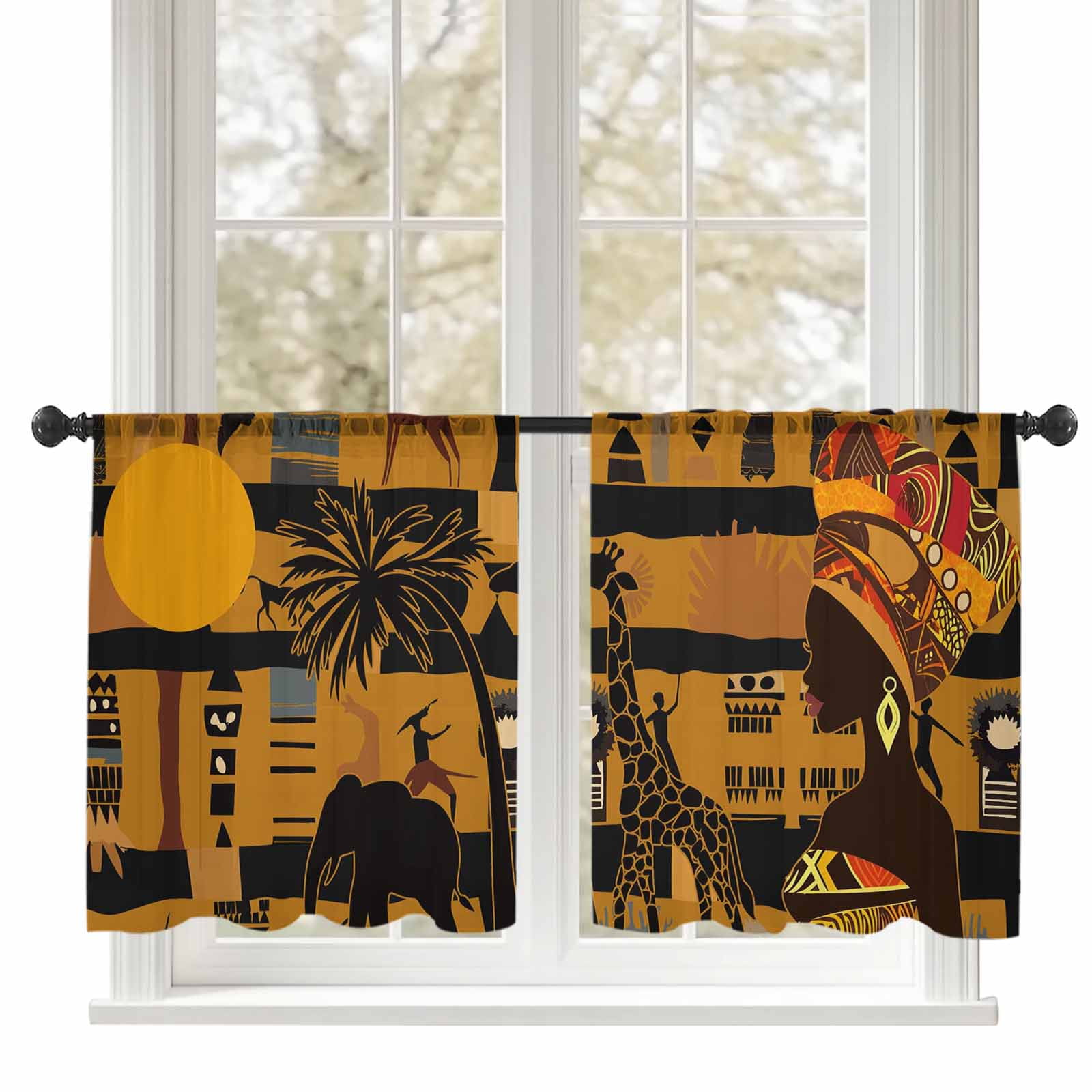 Sheer Curtains 54 inches Long, African Woman Giraffe Elephant Brown ...
