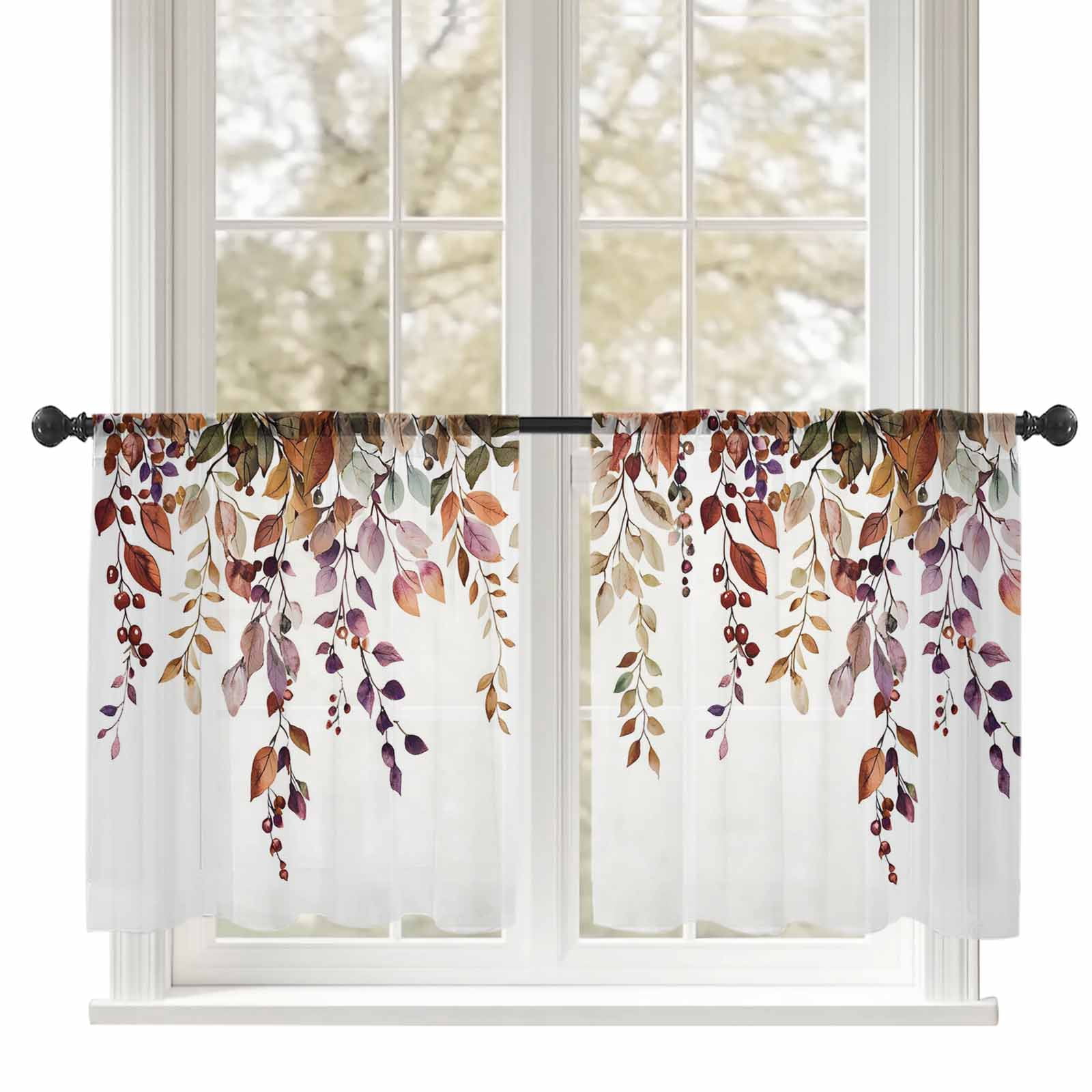 Sheer Curtains 54 inches Long, Autumn Leaves Watercolor Brown ...