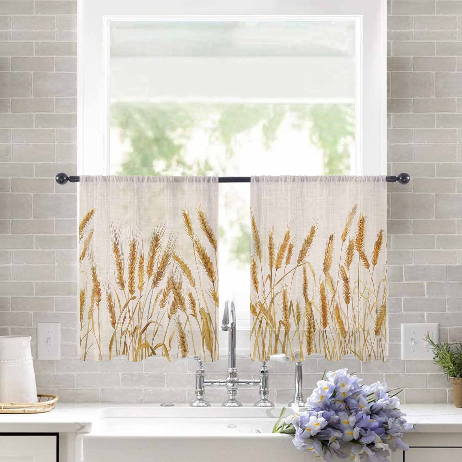 Sheer Curtains 54 inches Long, Autumn Wheat and Linen Plant Patterns ...