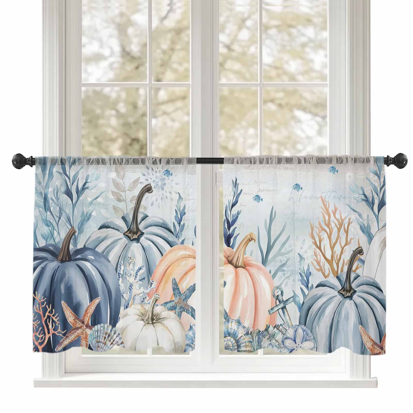 Sheer Curtains 54 inches Long, Blue Pumpkin Seahorse Starfish Coral ...