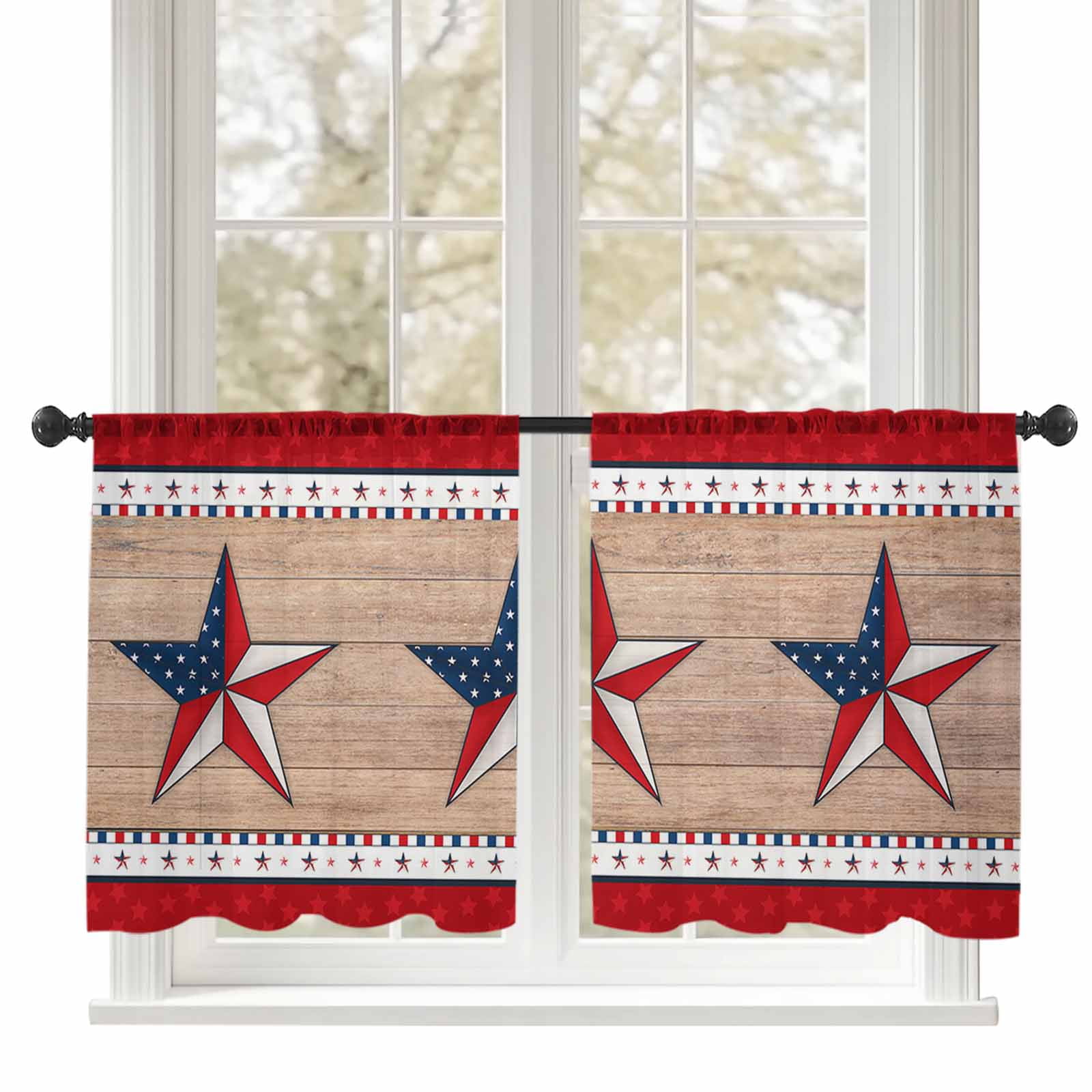 Sheer Curtains 54 inches Long, Classic American Flag Plaid Wooden Grain ...