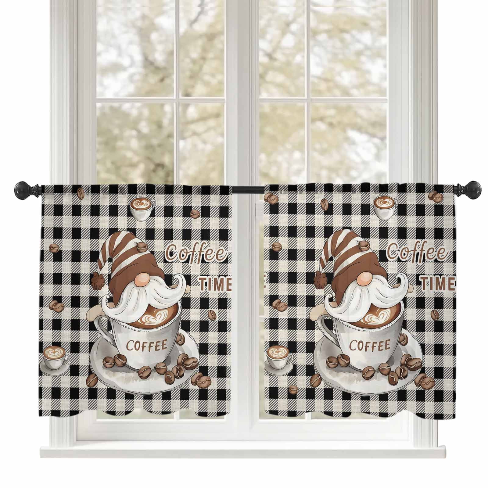 Sheer Curtains 54 inches Long, Farmhouse Coffee Time Brown Gnome Black ...