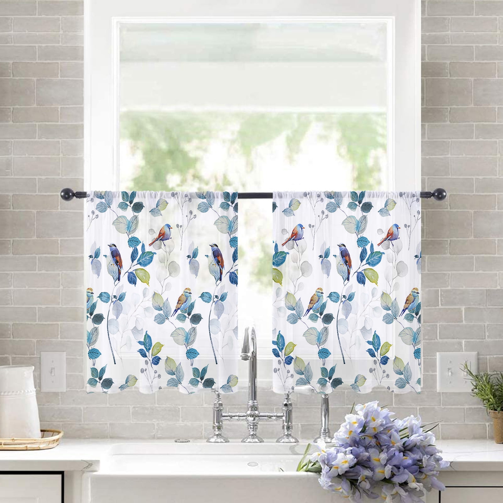 Sheer Curtains 54 inches Long, Farmhouse Style Leaves Robin Birds Light ...