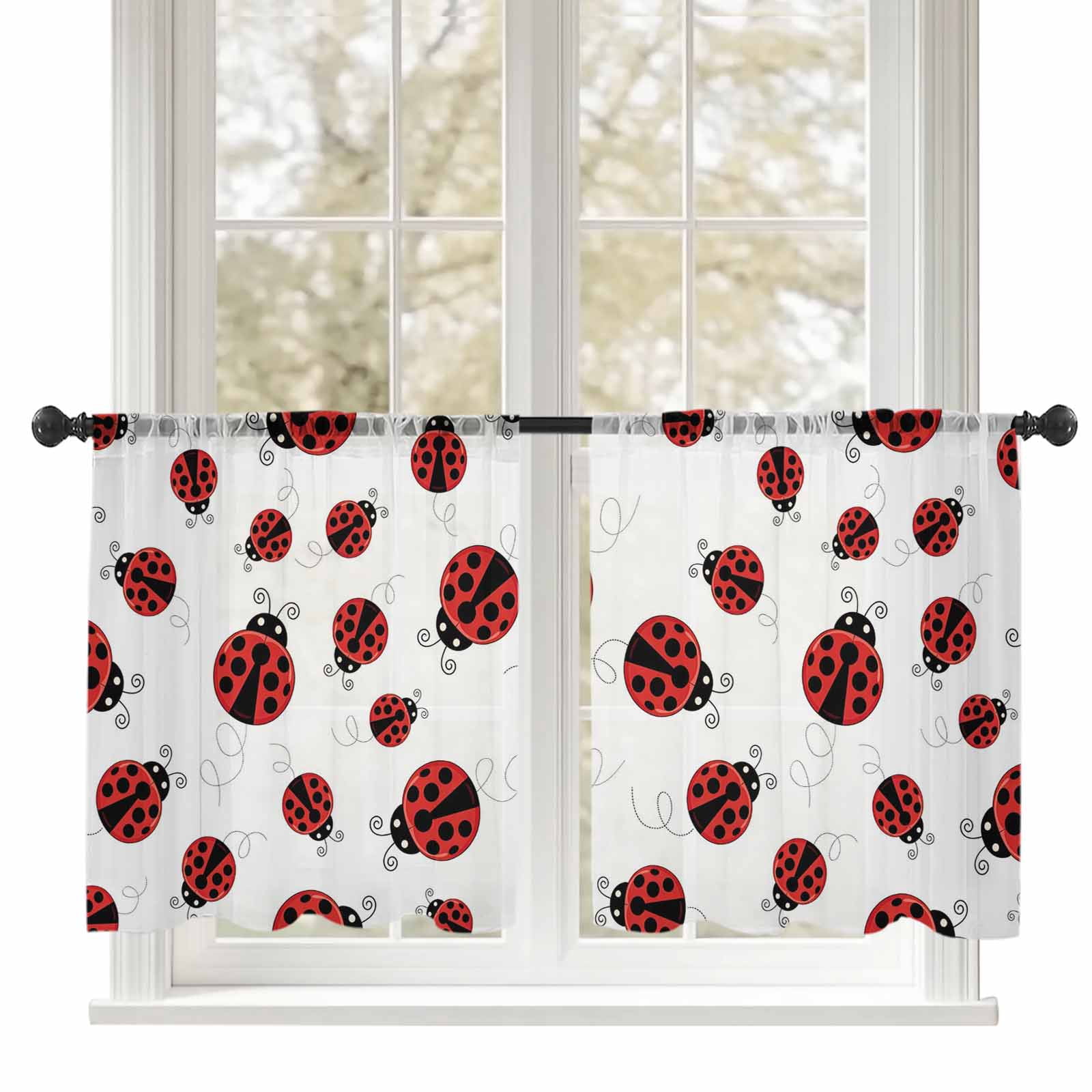 Sheer Curtains 54 inches Long, Fun Ladybug Black Dot Reptile Pattern ...
