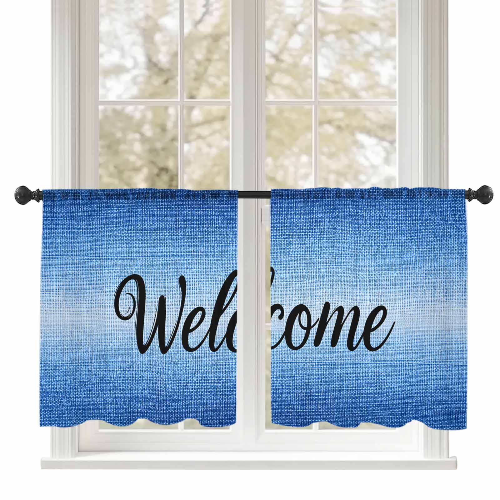 Sheer Curtains 54 inches Long, Gradient Welcome Blue Linen Texture ...