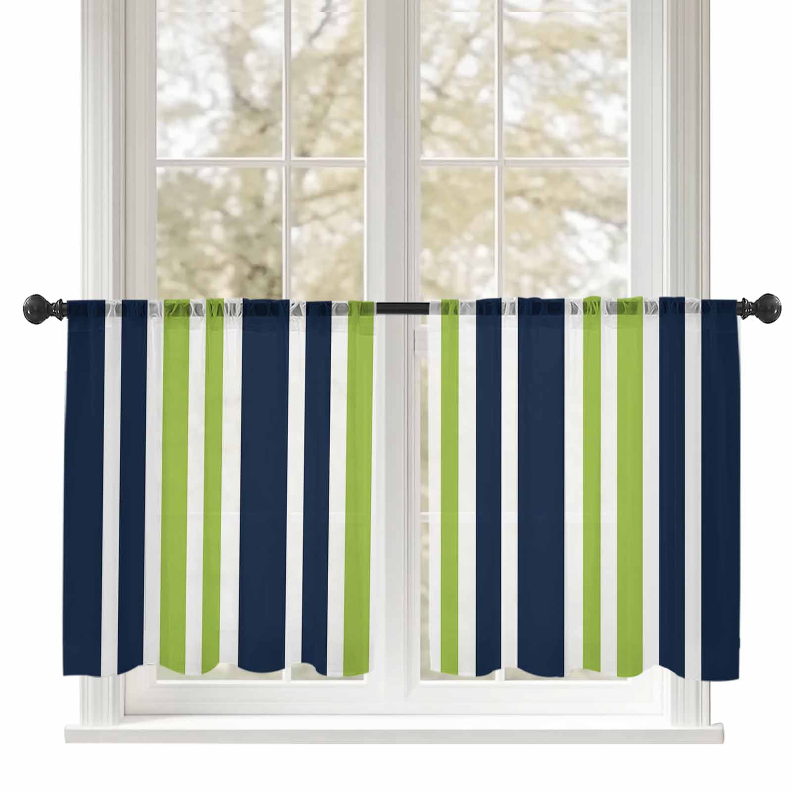Sheer Curtains 54 inches Long, Green Dark Blue Striped Minimalist ...