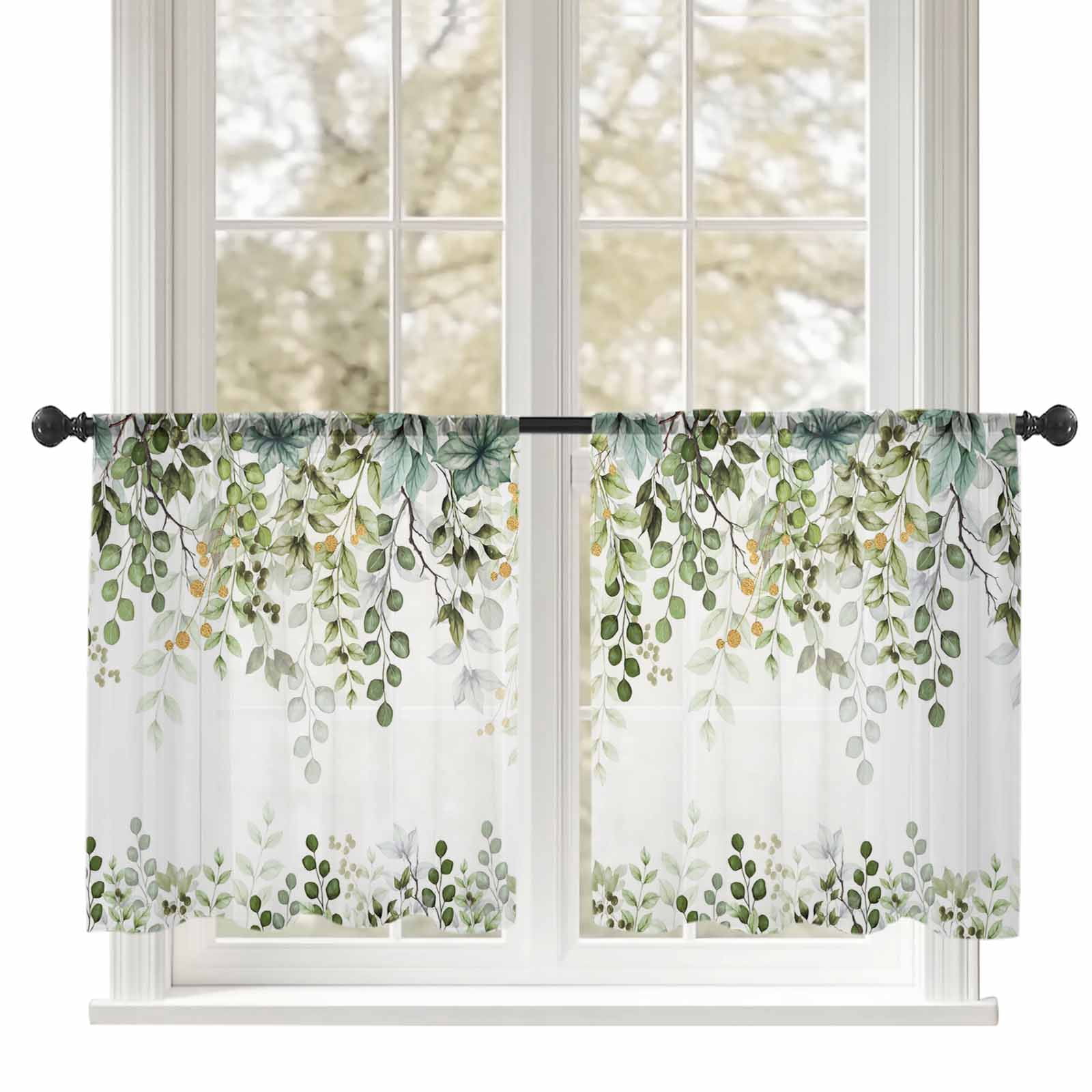 Sheer Curtains 54 inches Long, Green Eucalyptus Leaves Abstract Branch ...