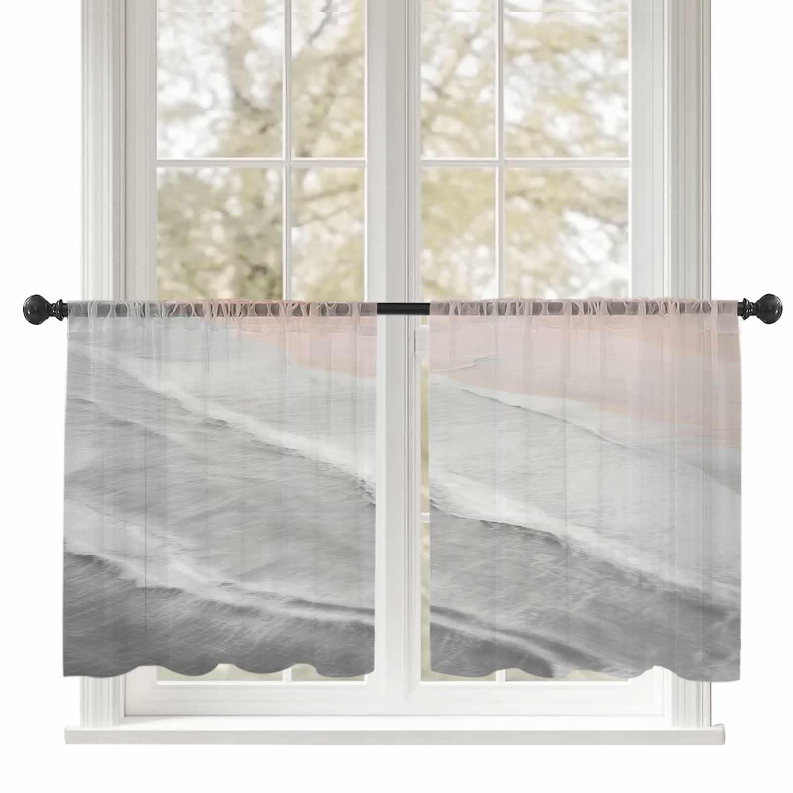 Sheer Curtains 54 inches Long, Grey Gradient Sea Waves Sandy Beach Coastal Scenery Light ...