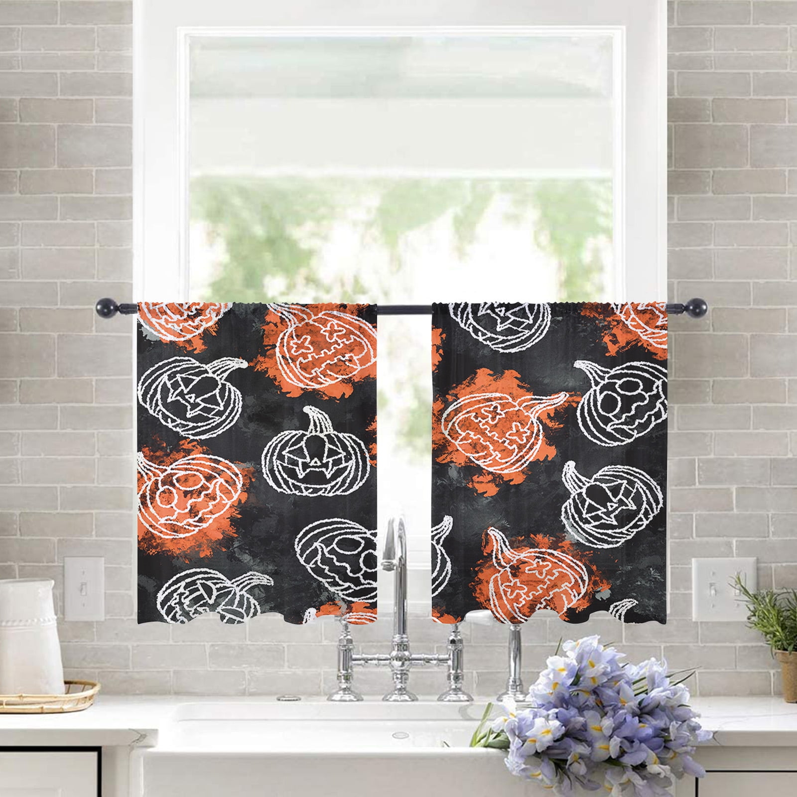 Sheer Curtains 54 inches Long, Halloween Hand Drawn Scary Pumpkin Black ...