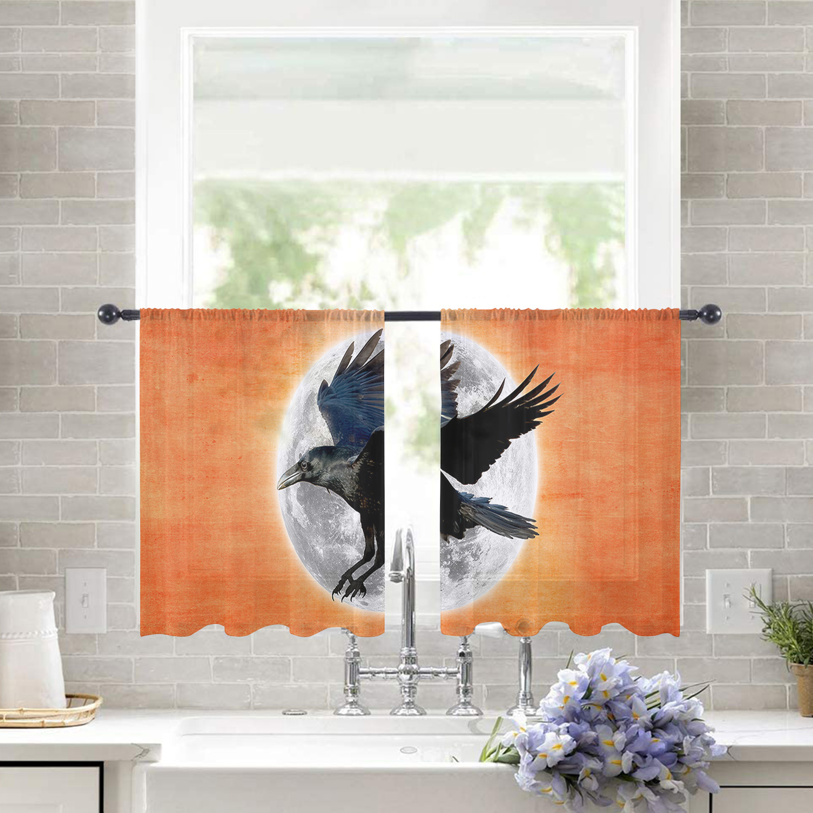 Sheer Curtains 54 inches Long, Halloween Raven Fly Orange Light ...