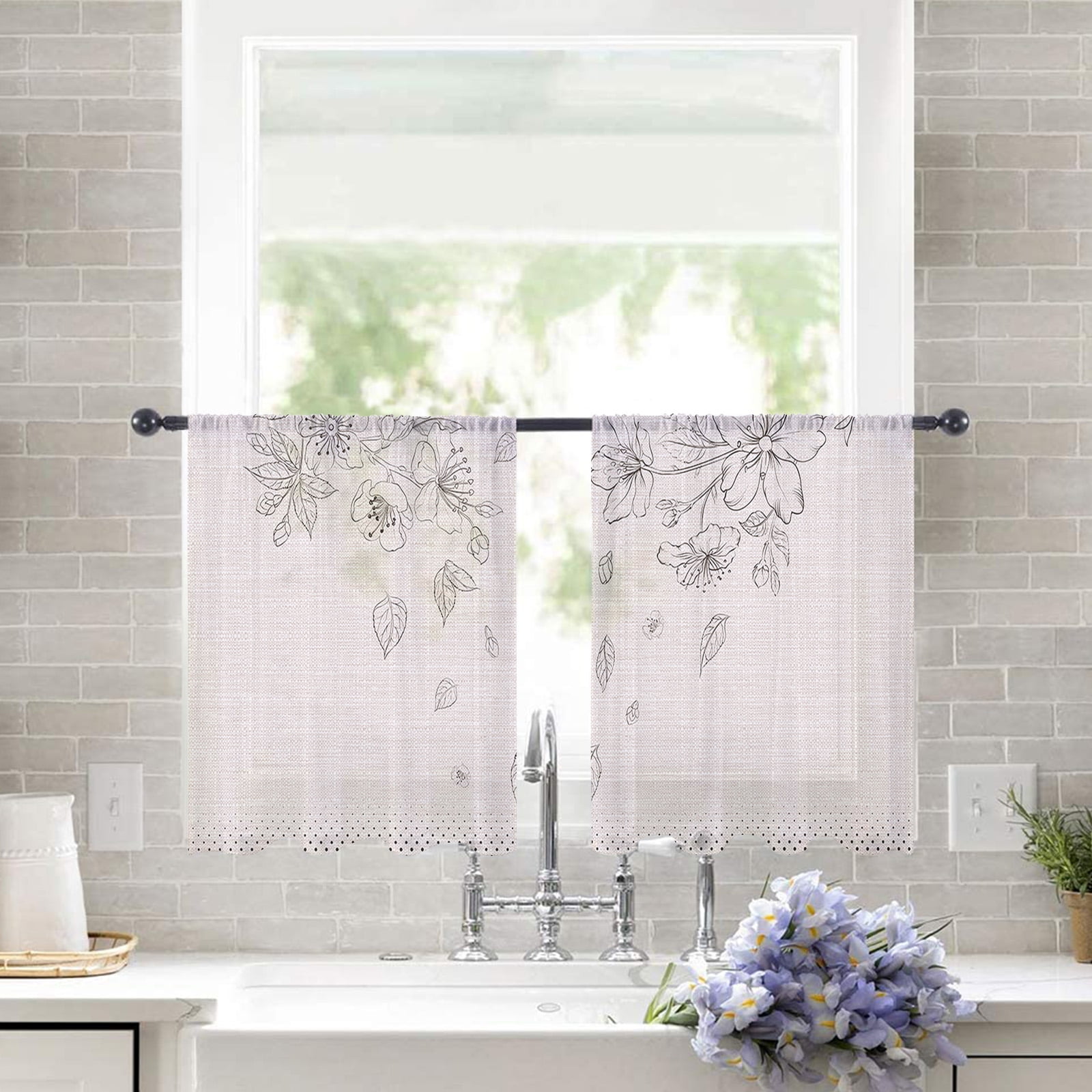 Sheer Curtains 54 inches Long, Hand Painted Flowers Floral Tree Leaves ...