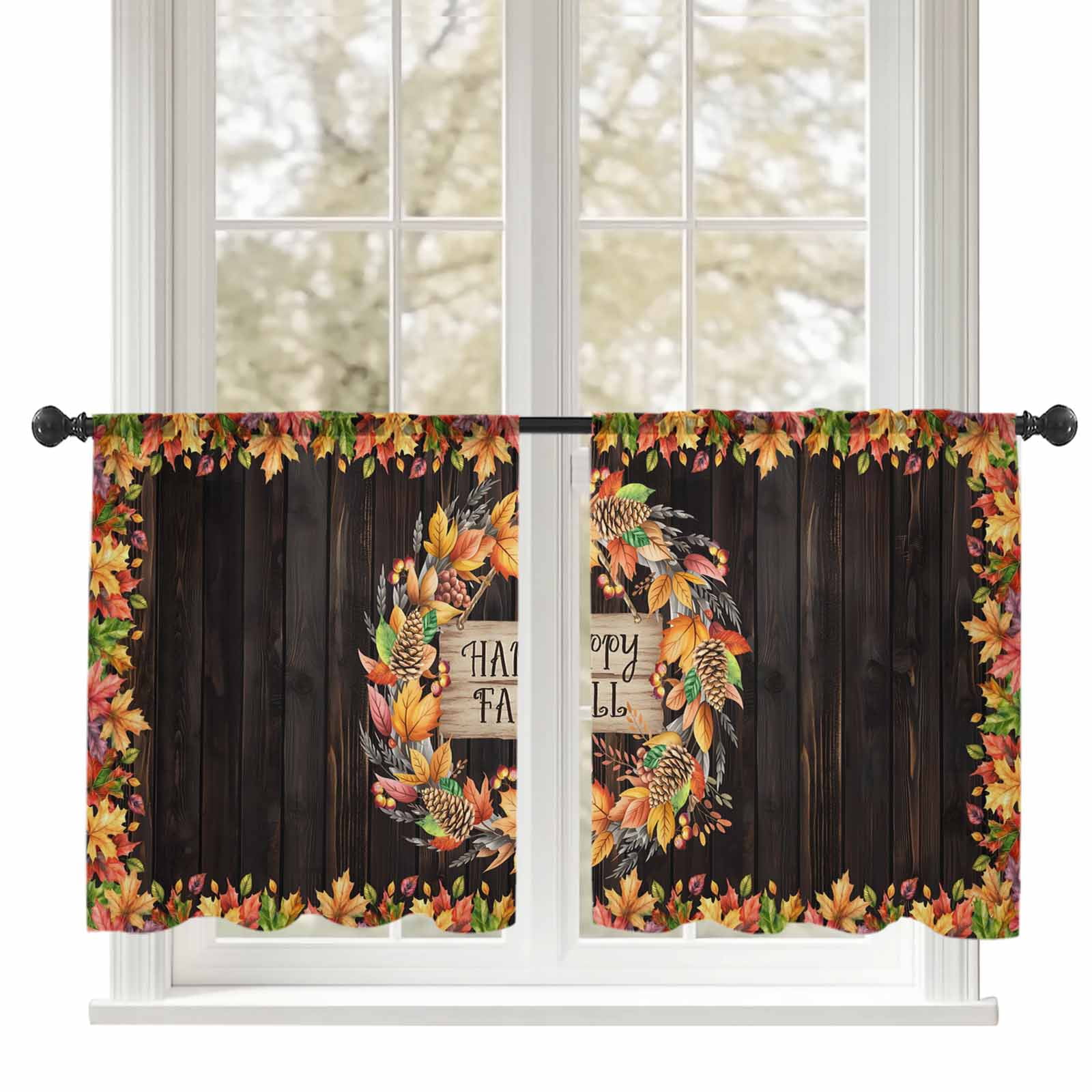 Sheer Curtains 54 inches Long, Happy Fall Maple Leaf Pine Cone Brown ...