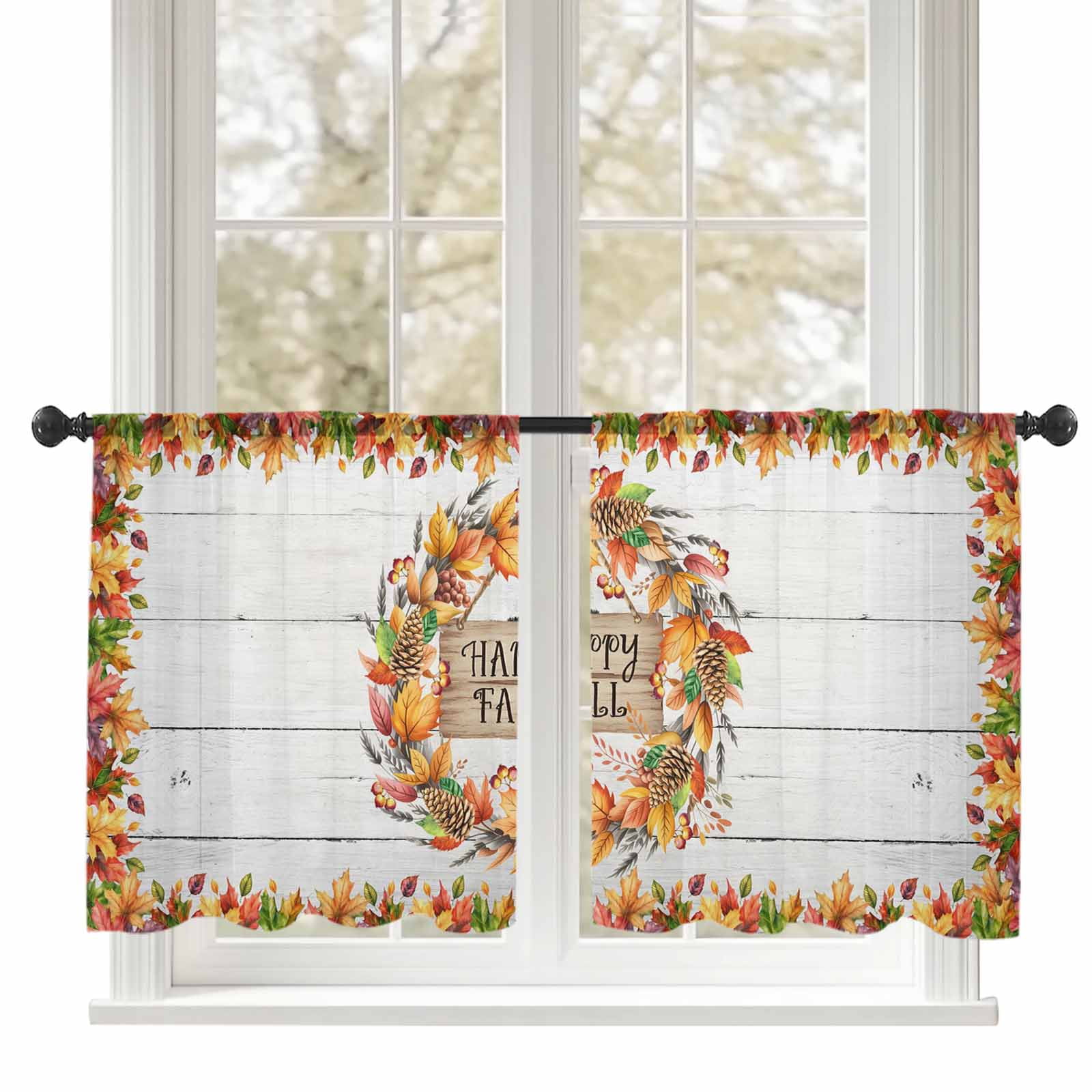 Sheer Curtains 54 inches Long, Happy Fall Maple Leaf Pine Cone White ...